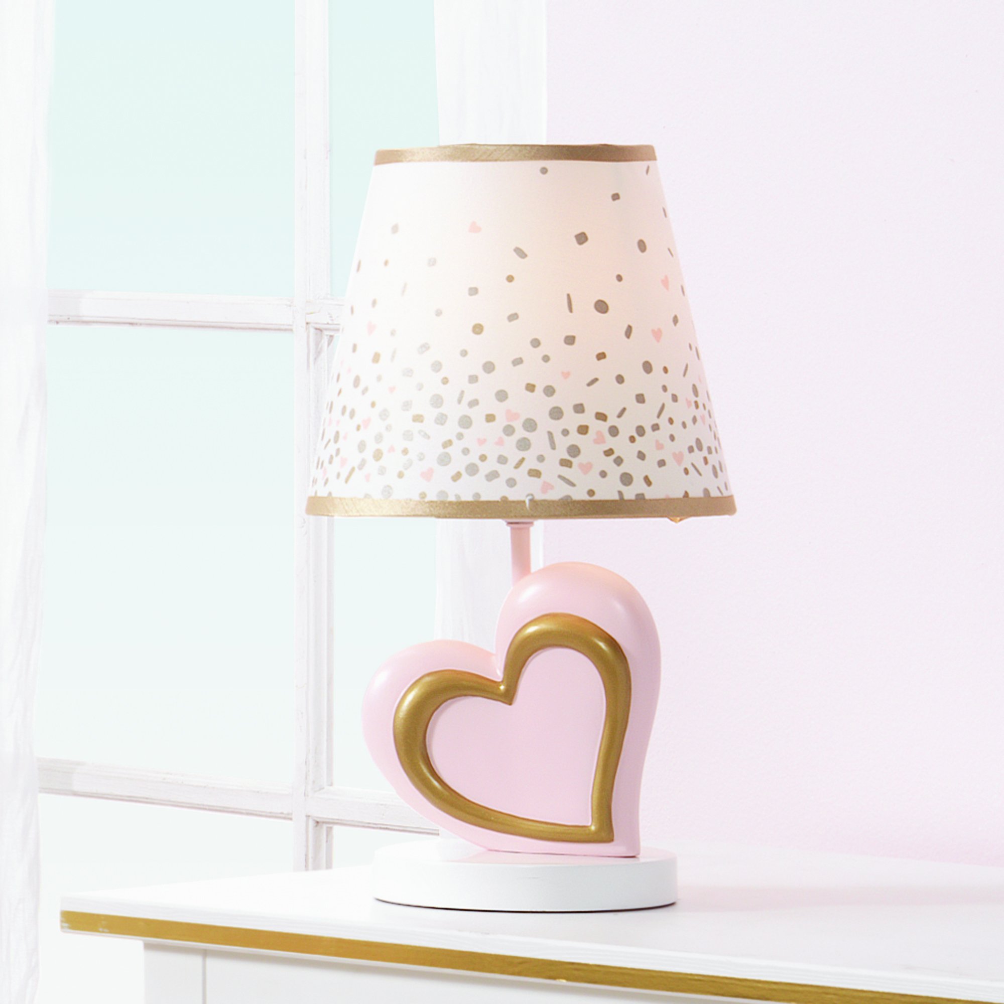 Lambs & Ivy Nursery Lamp with Shade & Bulb, Pink & Metallic Gold Heart