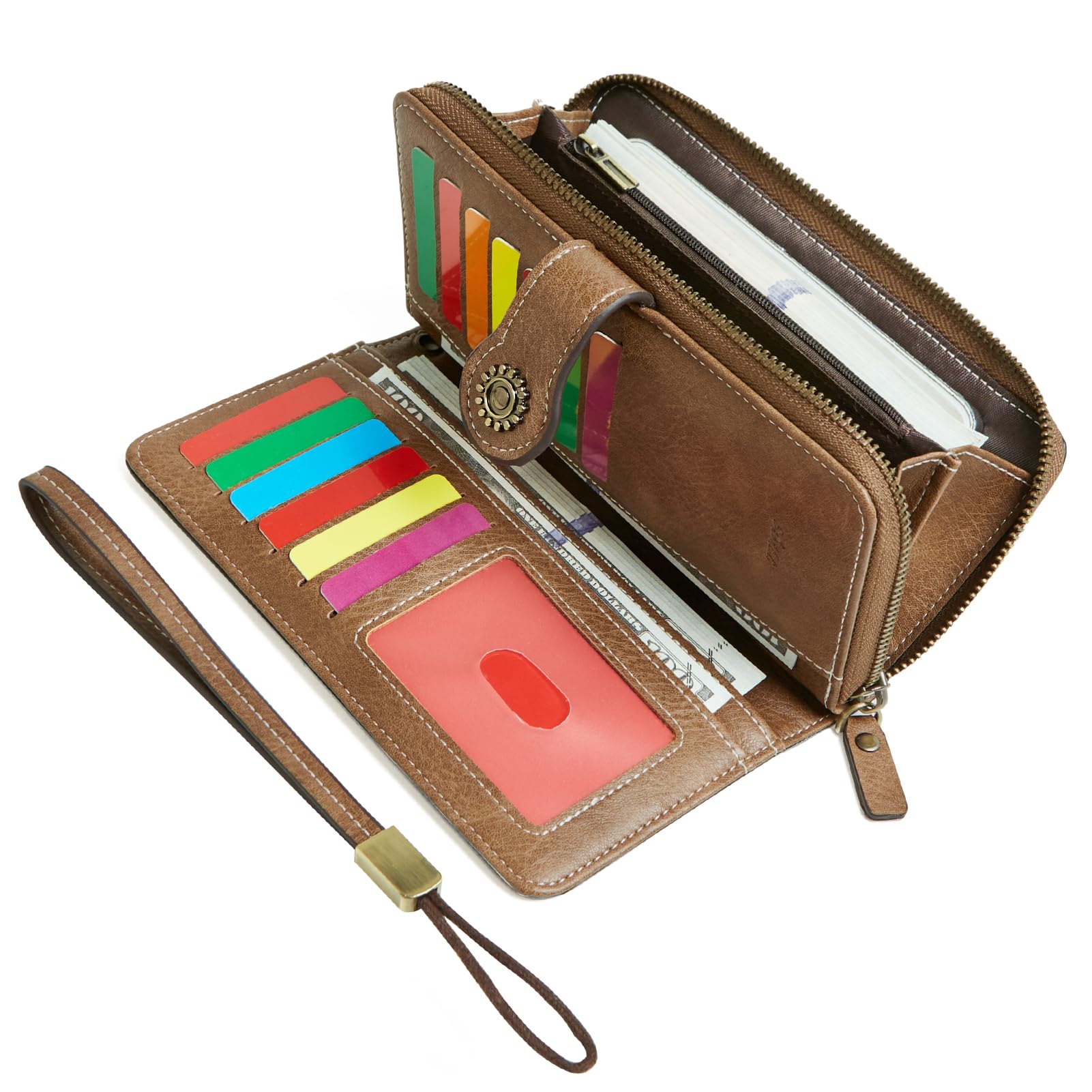 TFKGS Wallet for Women RFID Blocking Leather Large Capacity Card Holder Ladies Phone Clutch Travel Long Purse Wristlet Brown