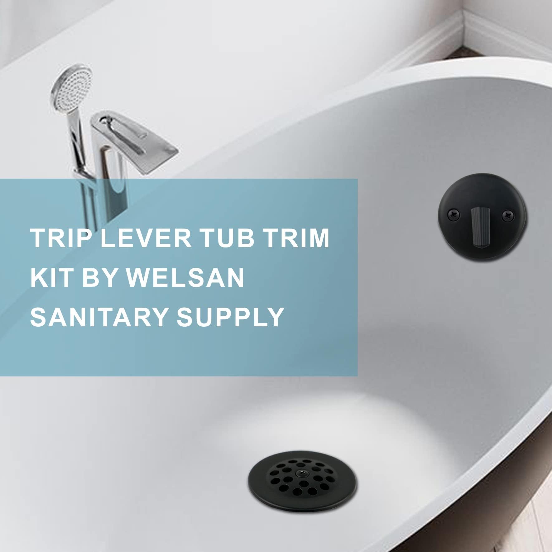 Matte Black Trip Lever Tub Trim Kit Set with 2-Hole Overflow Faceplate,Welsan Trip Lever tub Drain with Strainer, Universal Fine Replacement Overflow and Matching Screws?No Putty Installation?Black?