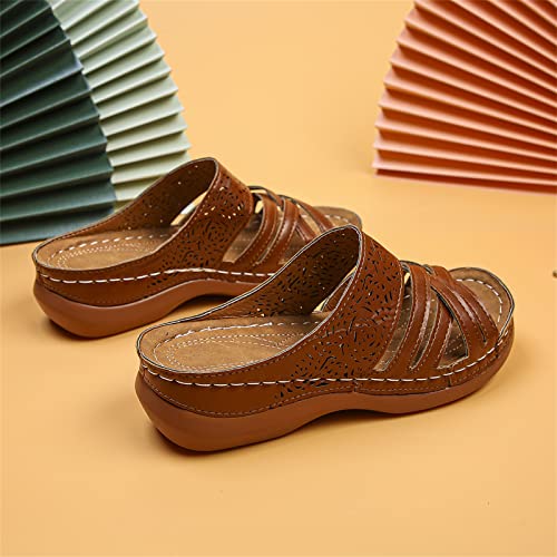 sckarle Women Slides Soft Faux Leather Wedge Sandal Crisscross Strap Hollow Breathable Arch Support Comfortable Platform Sandal