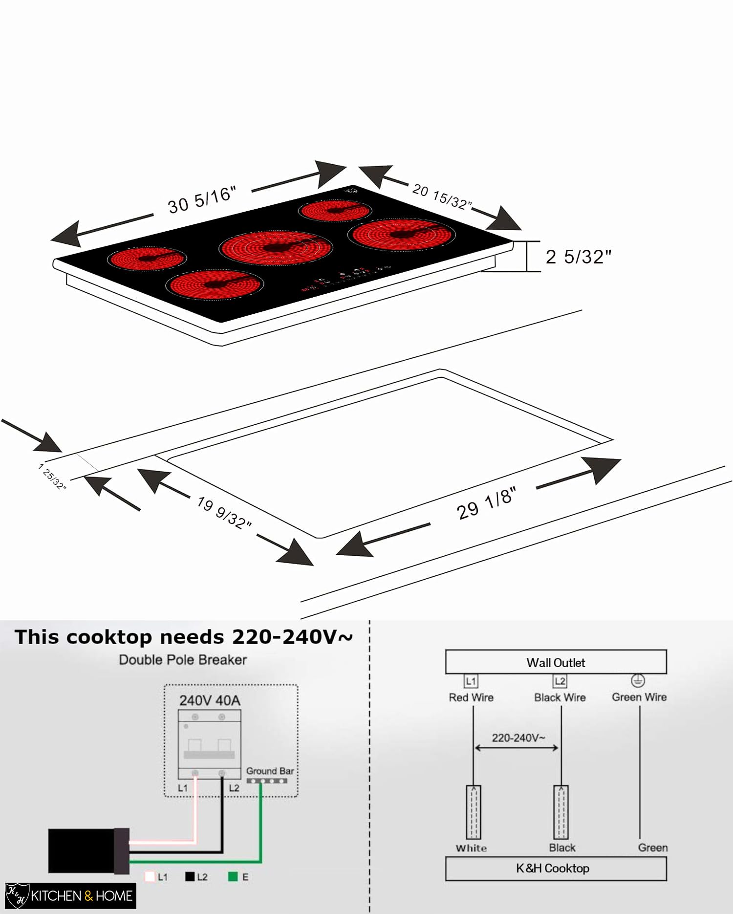 K&H 4 Burner 30 Inch Built-in Electric Stove Top Radiant Ceramic Cooktop Knob Control 240V 7200W CE30-7206K