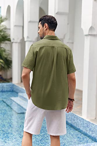 Makkrom Men's Casual Linen Button Down Shirt Guayabera Short Sleeve Summer Beach Shirt Army Green