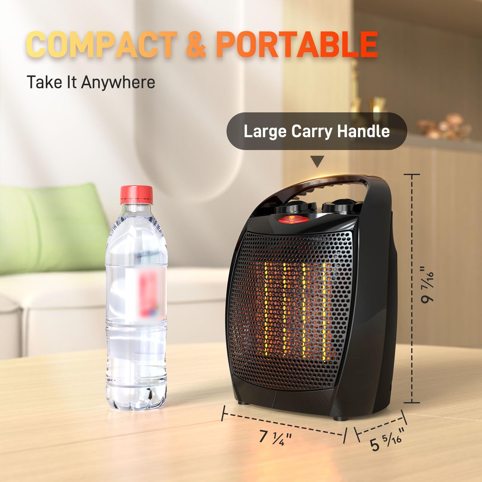 Rintuf Small Space Heater, 1500W Electric Heater, PTC Fast Heating Ceramic Heater w/ 3 Modes, Adjustable Thermostat, Overheat/Tip-Over Protection, Portable Heater Fan for Office Room Desk Indoor Use