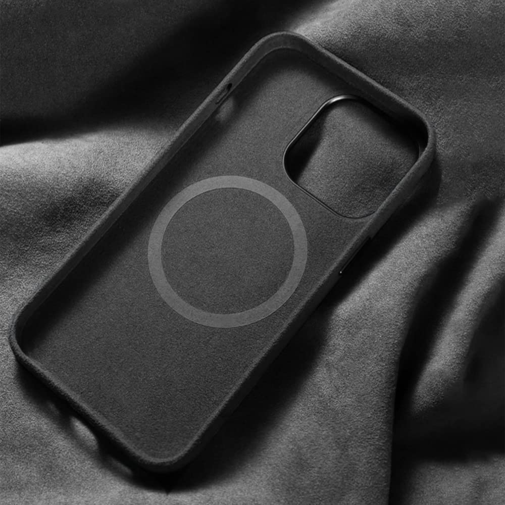 Komodoty Luxury Alcantara iPhone 14 Plus Case. Premium Italian Imported Material. Fully Wrapped Four Side Protection. MagSafe Compatible. Black