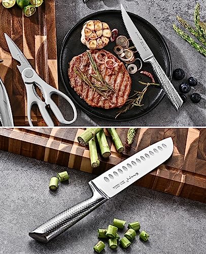 Knife Set, Emojoy 16-Piece Kitchen Knife Set with Block Wooden Carving Fork, Ripple German Stainless Steel Knife Block Set, Hollow Handle for Chef Knife Set with Sharpener and Scissors