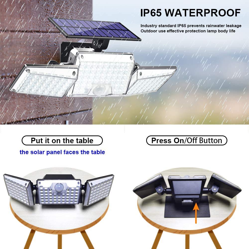JosMega Upgraded Larger 130 LED Solar Powered Motion Sensor Flood Security Wall Lights Outdoor IP65 Waterproof 3 Head 360° Adjustable Spotlights for Porch Garden Patio Yard Garage Pathway 2 Pack