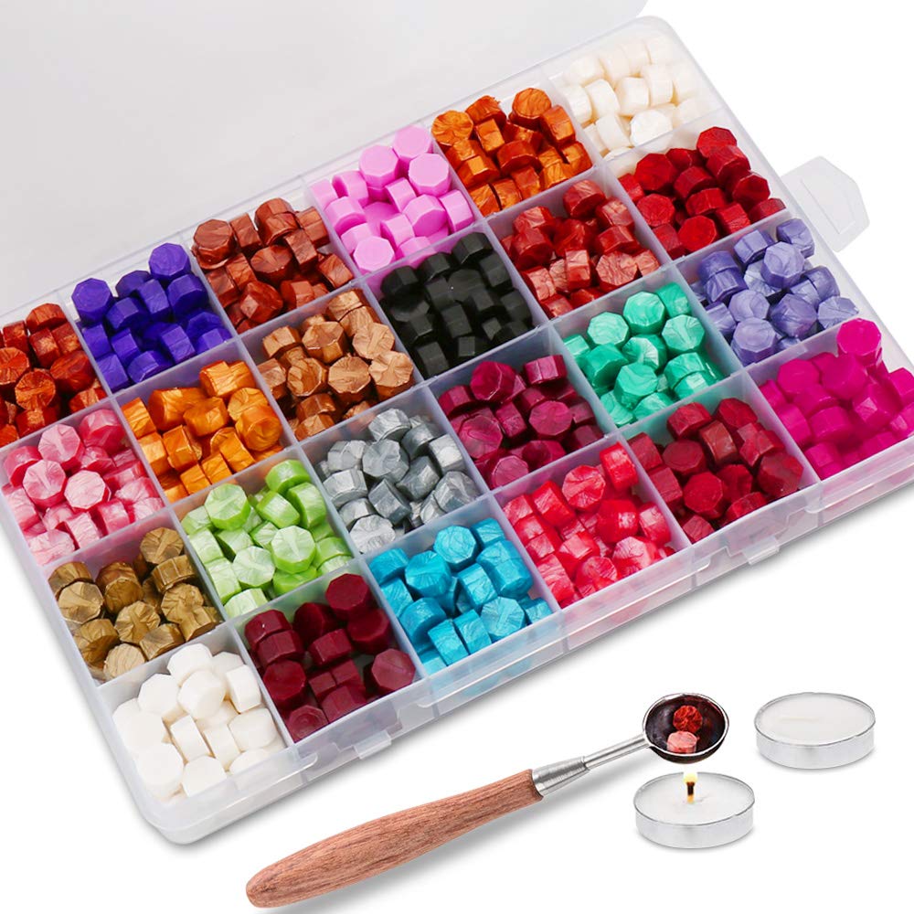 JIARON 624PCS Sealing Wax Beads Packed in Plastic Box, with 2PCS Tea Candles and 1 PC Wax Melting Spoon for Wax Sealing Stamp (24 Colors)