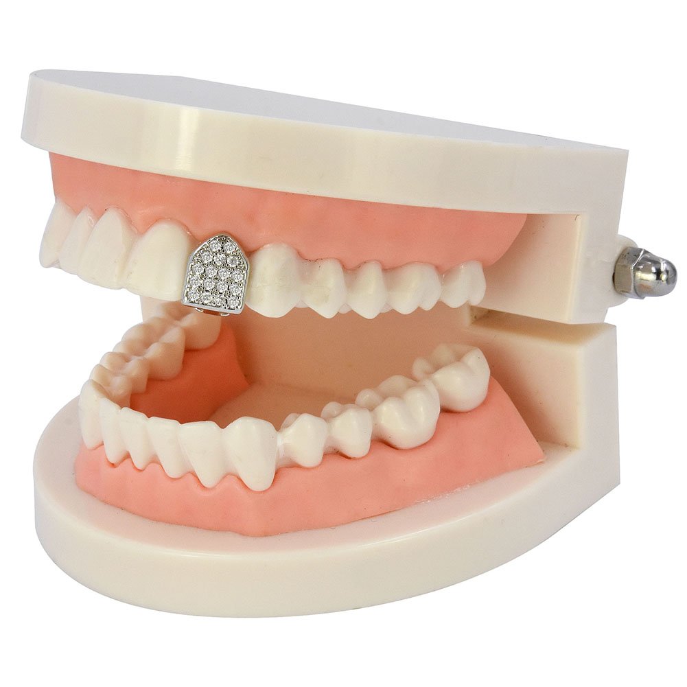 JINAO 18k White Gold Plated Single Tooth Hip Hop Bling Cap Canine Teeth CZ Iced-out Grillz (Silver)