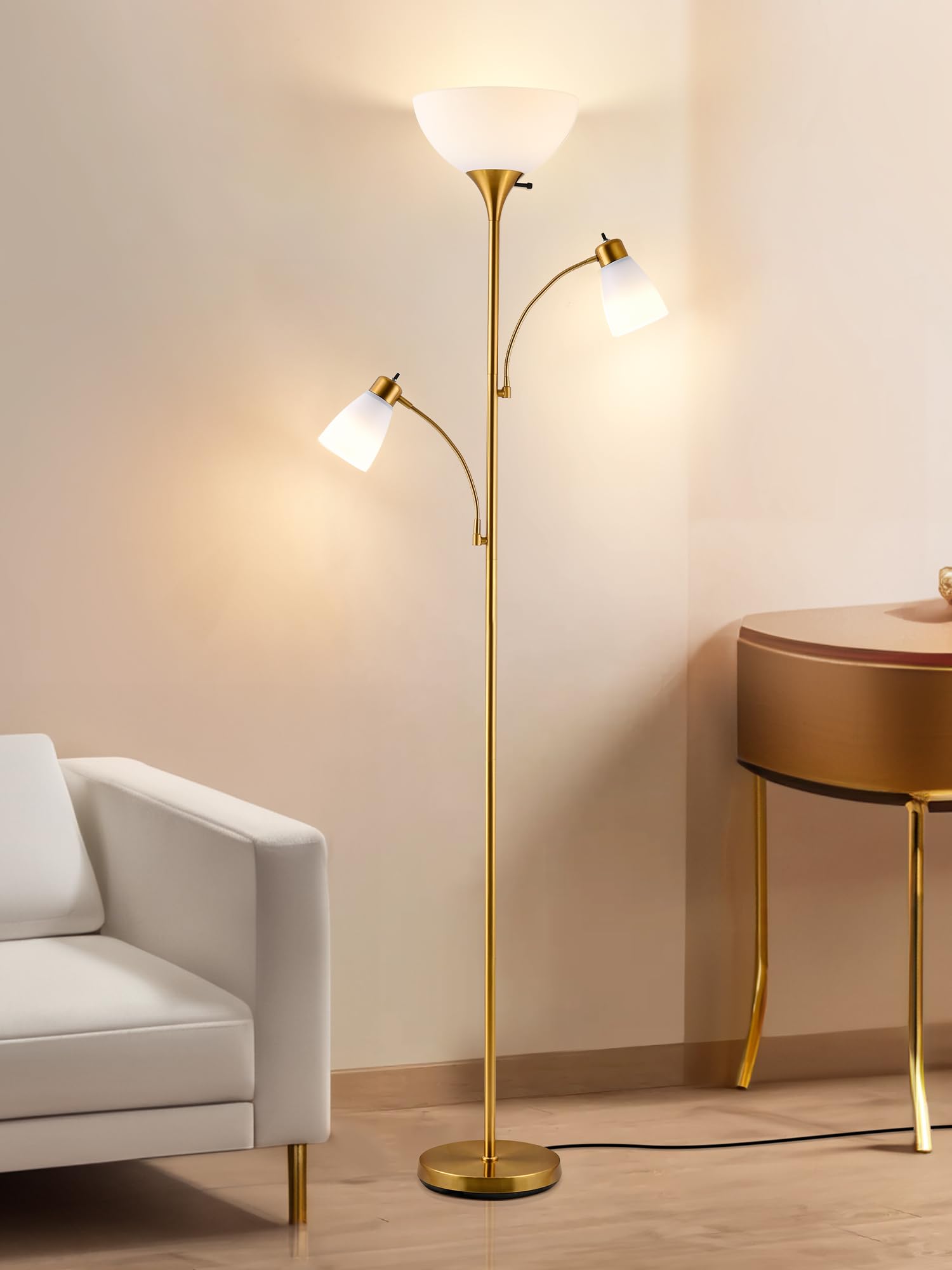 LEDIARY Torchiere Floor Lamp, 72 Inch Gold Standing Lamp with 2 Adjustable Reading Lamp, Modern Tall Floor Lamps for Living Room Bedroom Office, 3 Bulbs Included
