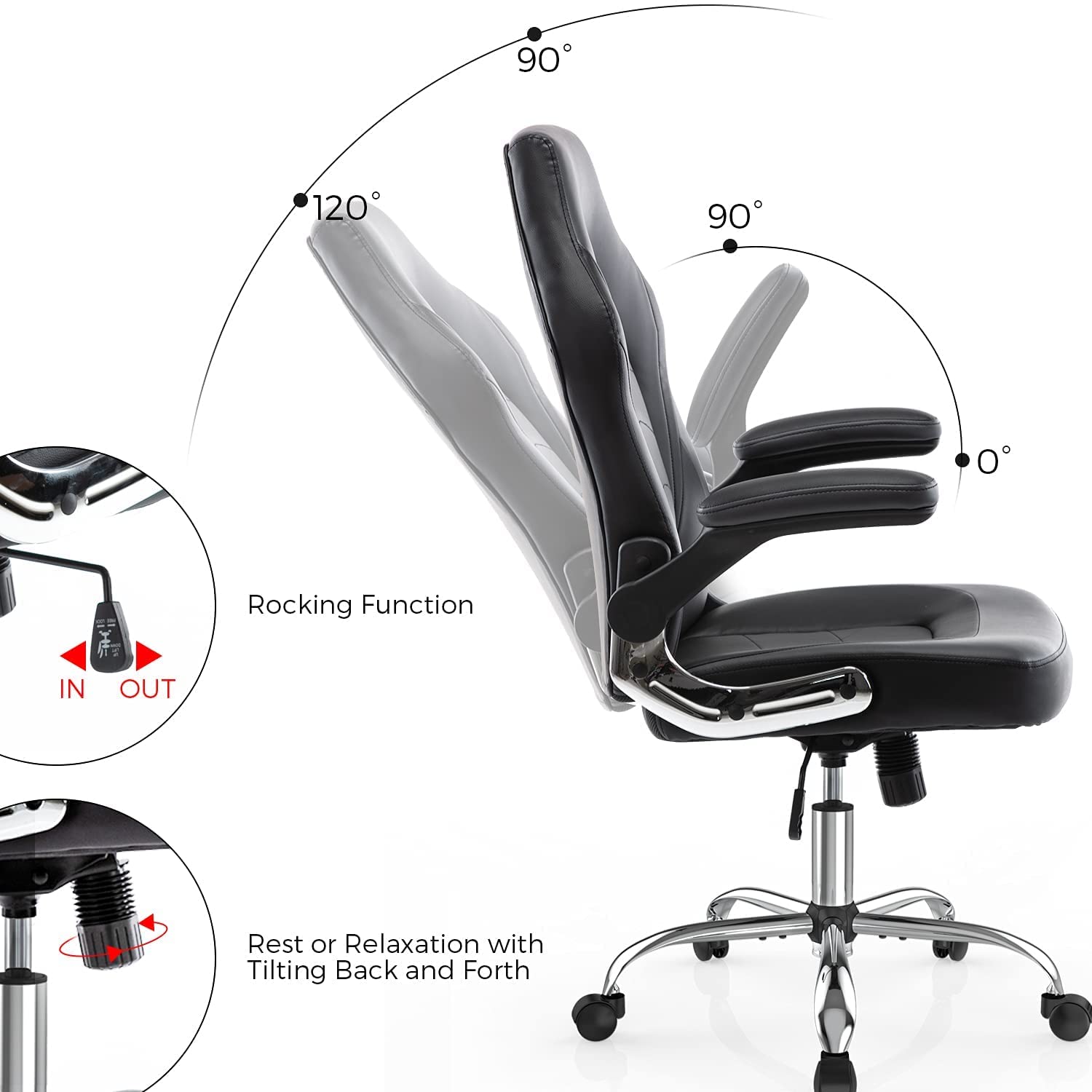 Office Gaming Chair - Ergonomic Computer Desk Chairs with Flip-up Armrest, Executive Swivel Chair, PU Leather, Thick Padding