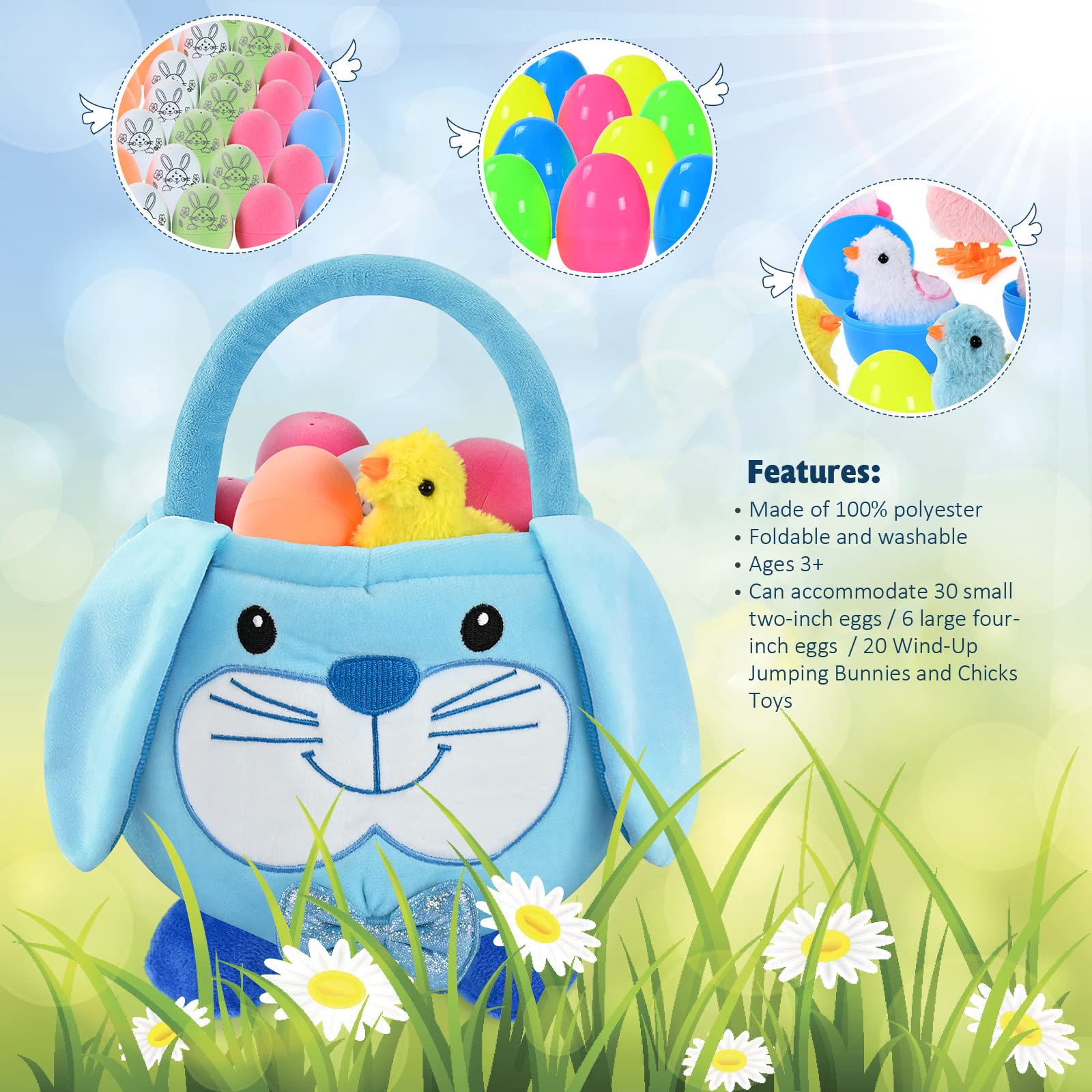 Personalized Easter Baskets for Kids Boys, Easter Decorations Toddler Baby Easter Baskets Empty for Easter Basket Stuffers Eggs Candy Toys- Blue Bunny