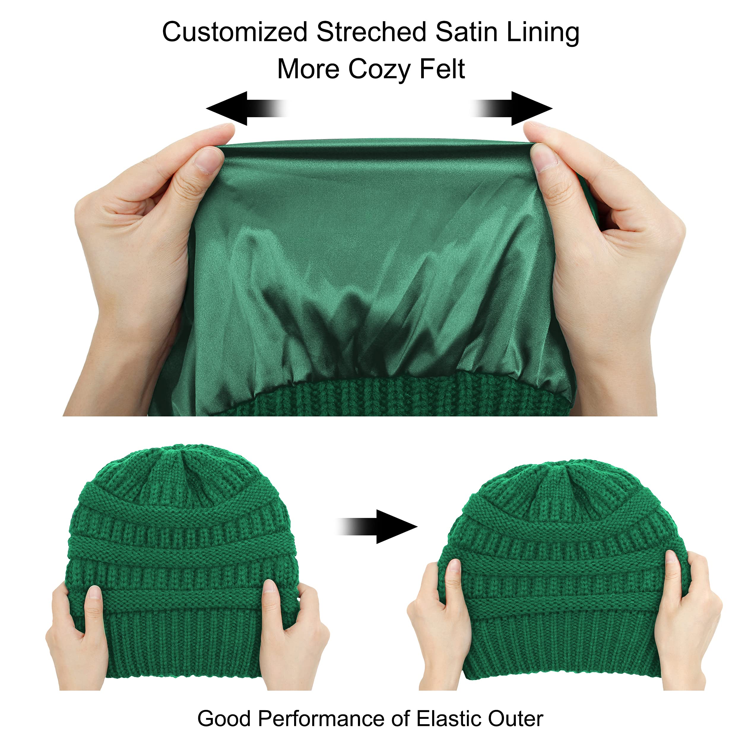 Muryobao Womens Winter Warm Knitted Hat Satin Silk Lined Cable Knit Beanie Chunky Slouchy Skull Cap Green