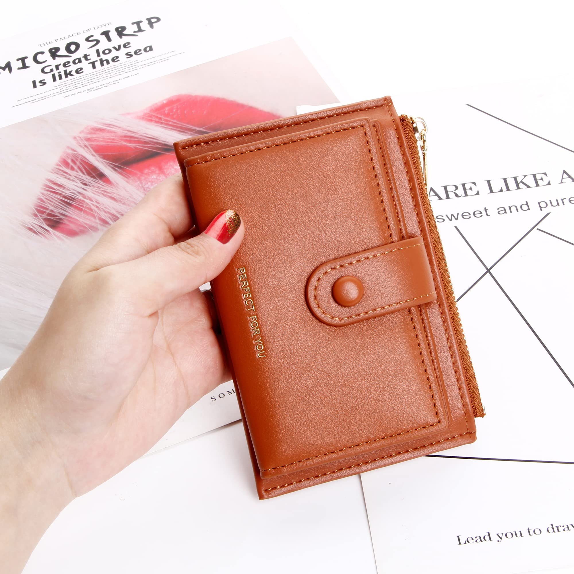 OIDERY Small Wallet For Women RFID Minimalist Credit Card Holder Wallet Slim Leather Keychain Wallet With Zipper Pocket ID Window
