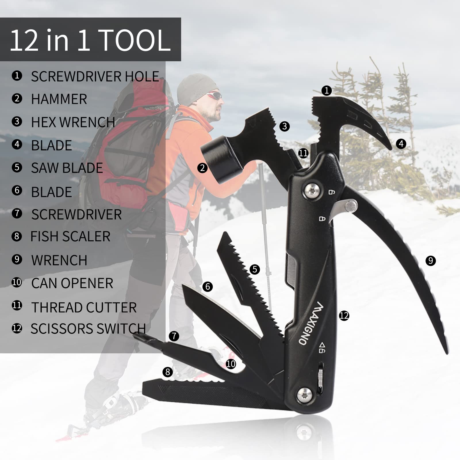 Maxigno Multitool Hammer, 12 in 1 Mini Multi Tools Camping Gear Survival Tool for Men, Gifts for Men Dad Boyfriend Husband