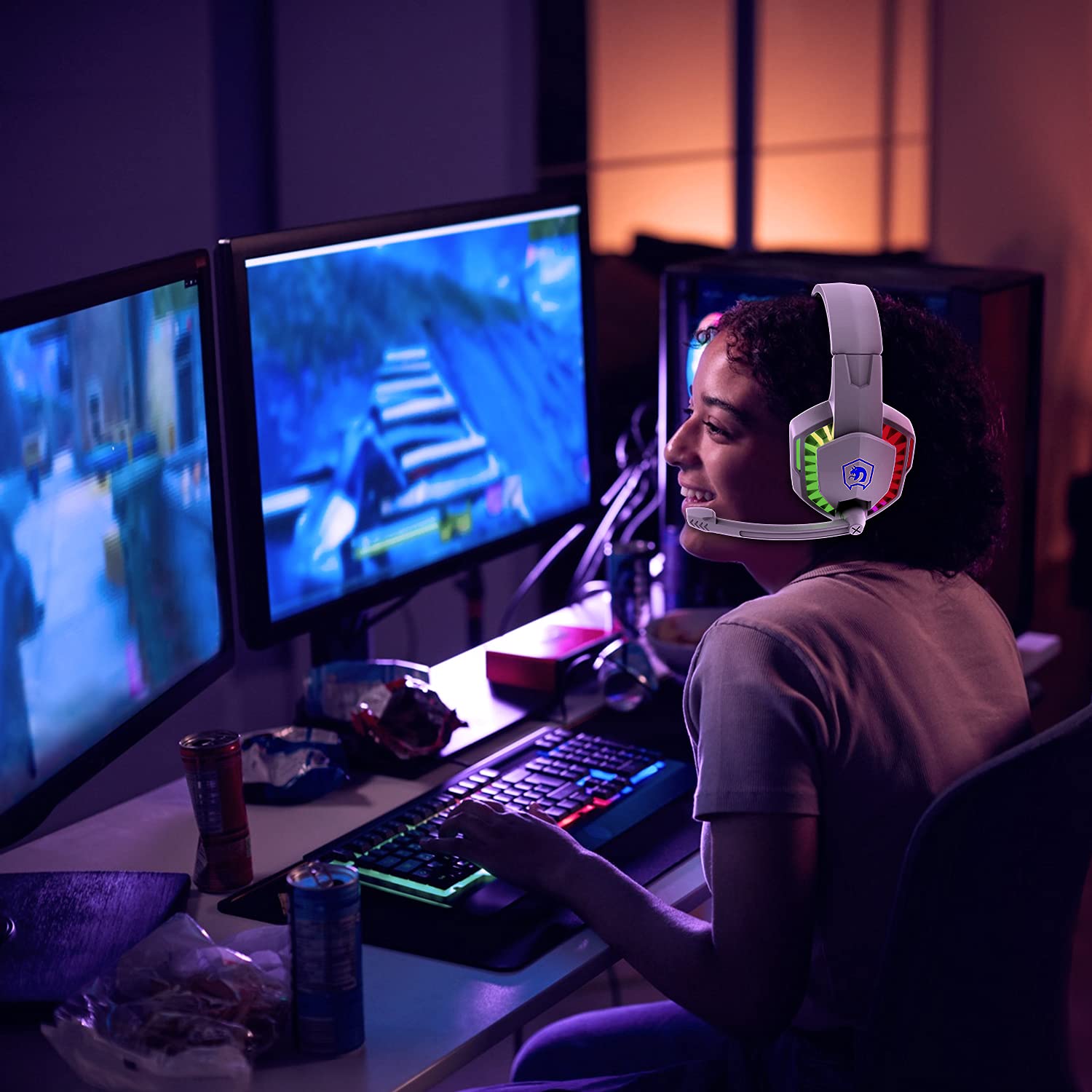MANBASNAKE Gaming Headset for PS4 PC Xbox One PS5 Controller,Noise Cancelling Over Ear Headphones with Adjustable Mic,Breathing RGB Light,Bass Surround,Soft Memory Earmuffs for Laptop Mac Games(Black)