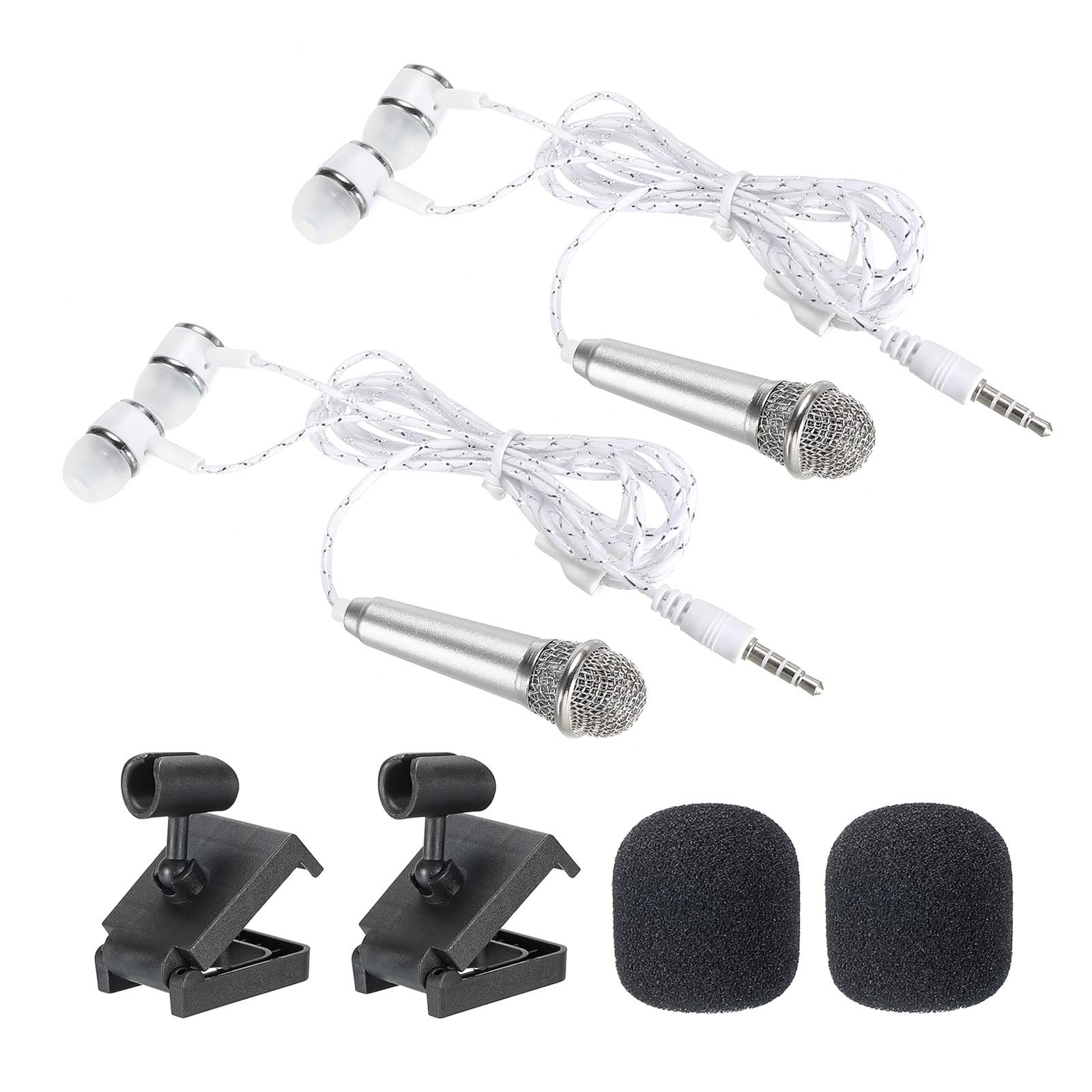 PATIKIL Mini Microphone Portable Vocal Microphone Silver for Voice Recording and Singing with Earphone, Mic Stand and Cover Pack of 2