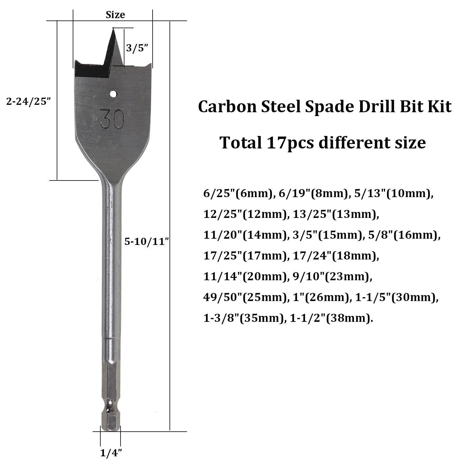 Spade Drill Bit Kit for Woodworking, Carbon Steel Paddle Flat Bits Carpenter Hole Cutter Hex Shank set of 17pcs 6/25~1-1/2 in