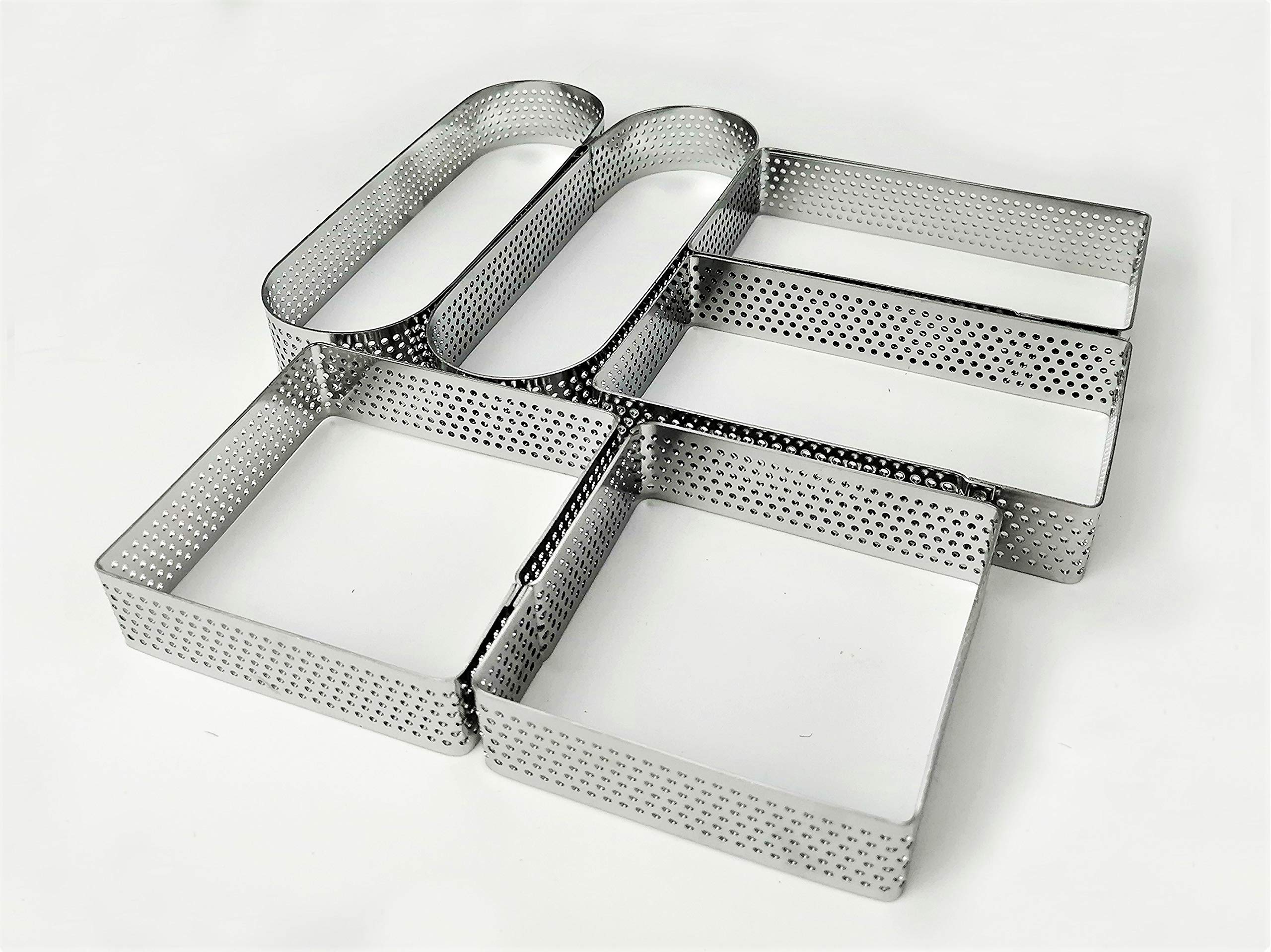 NewlineNY Stainless Steel 6 Pcs Perforated Oval Rectugular Square Tart Rings Molding Plating, Set of 6: 2 of each (13cm x 4cm 5" x 1.5") + (10cm x 5.5cm 4" x 1.5") + (7cm 2.8" square) x (2cm 0.8" H)