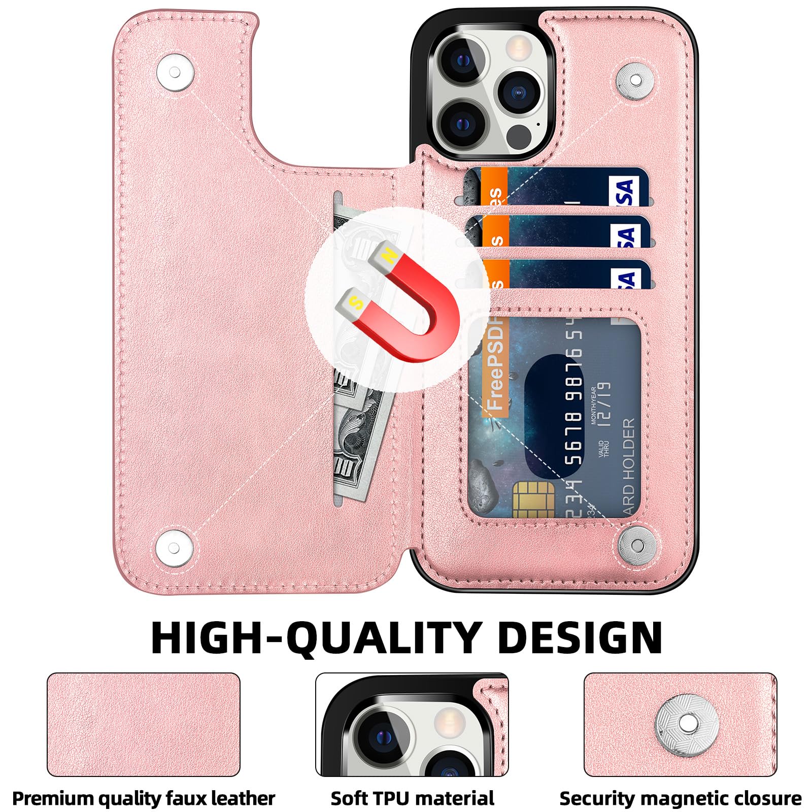 iMangoo for iPhone 15 Pro Max Case Wallet Credit Card Holder Slot,iPhone 15 Pro Max Case Women Cute Flower Pattern PU Leather Magnet Clasp Flip Cash Sleeve Phone Cover for iPhone 15 Pro Max Rose Gold