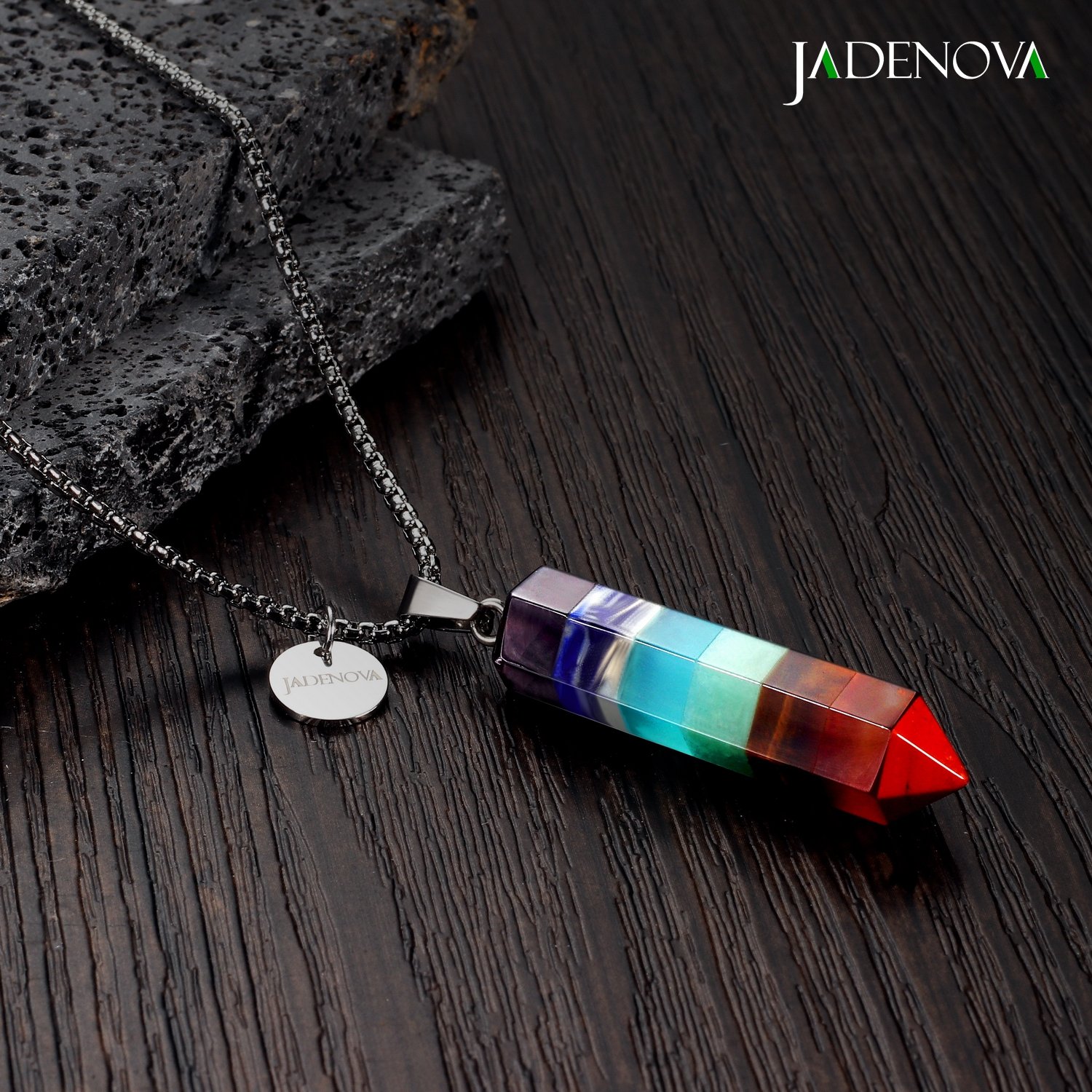 JADENOVA 7 Chakra Necklace Pendant Hexgonal Energy Healing Gemstone Crystal Dowsing Divination Pendulum 18 Inches Stainless Steel Chain