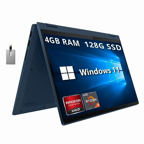 Lenovo IdeaPad Flex 5 2-in-1 Touchscreen Laptop, 14” FHD Anti-Glare Display, AMD Ryzen 3 5300U, 4GB RAM, 128GB SSD, Backlit KB, FP Reader, Webcam with Shutter, Wi-Fi 5, Blue, Win 11, 128GB USB Card