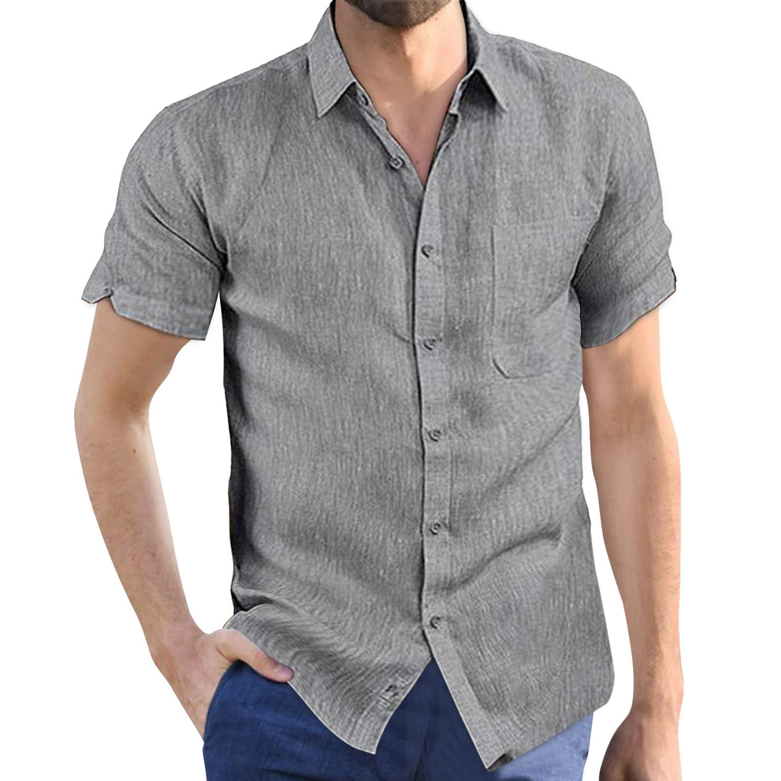 OICIB Linen Shirts for Men, Mens Casual Long Sleeve Cotton Linen Shirts Buttons Down Solid Plain Roll-Up Sleeve Summer Beach Shirts E2023