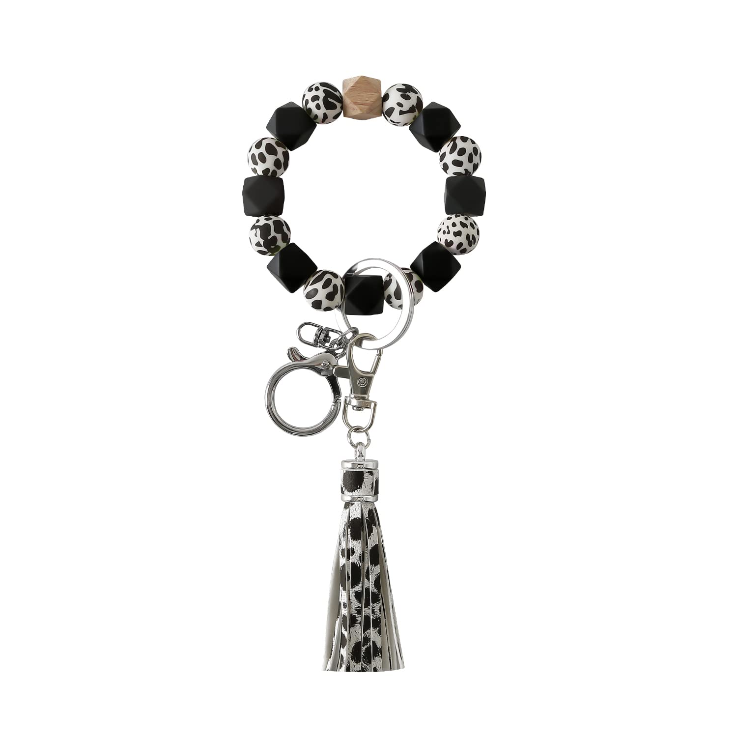 NYNPPUE Cow Print Silicone Beaded Wristlet Bracelet Keychain,Leather Tassels Car Keychain Key Ring for Women (Teal)