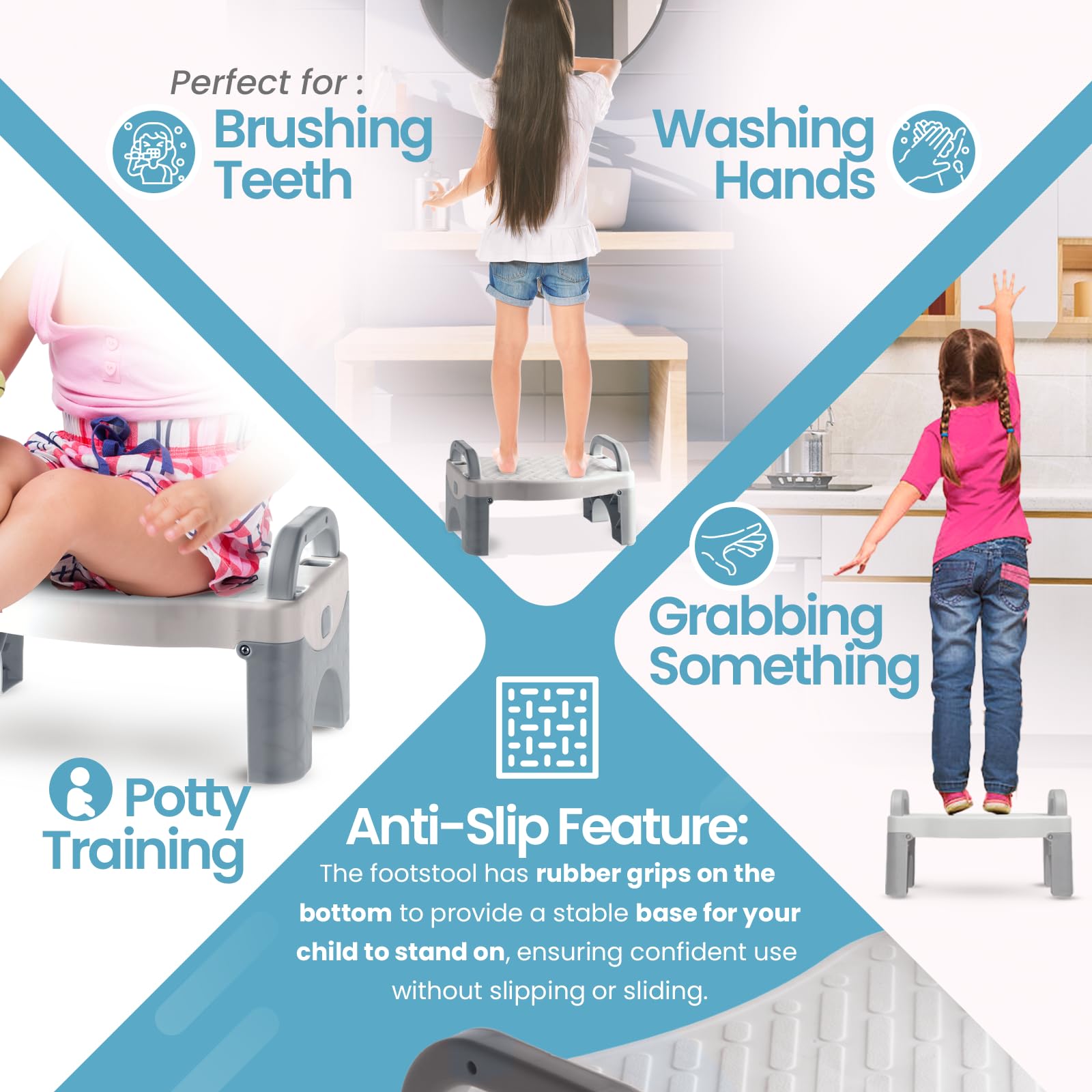 KinderSenseĀ® Foldable Step Stool for Kids with Handles - Toddler Folding Foot Stool for Bathroom Sink, Potty Training and More - Adjustable and Removable Handles