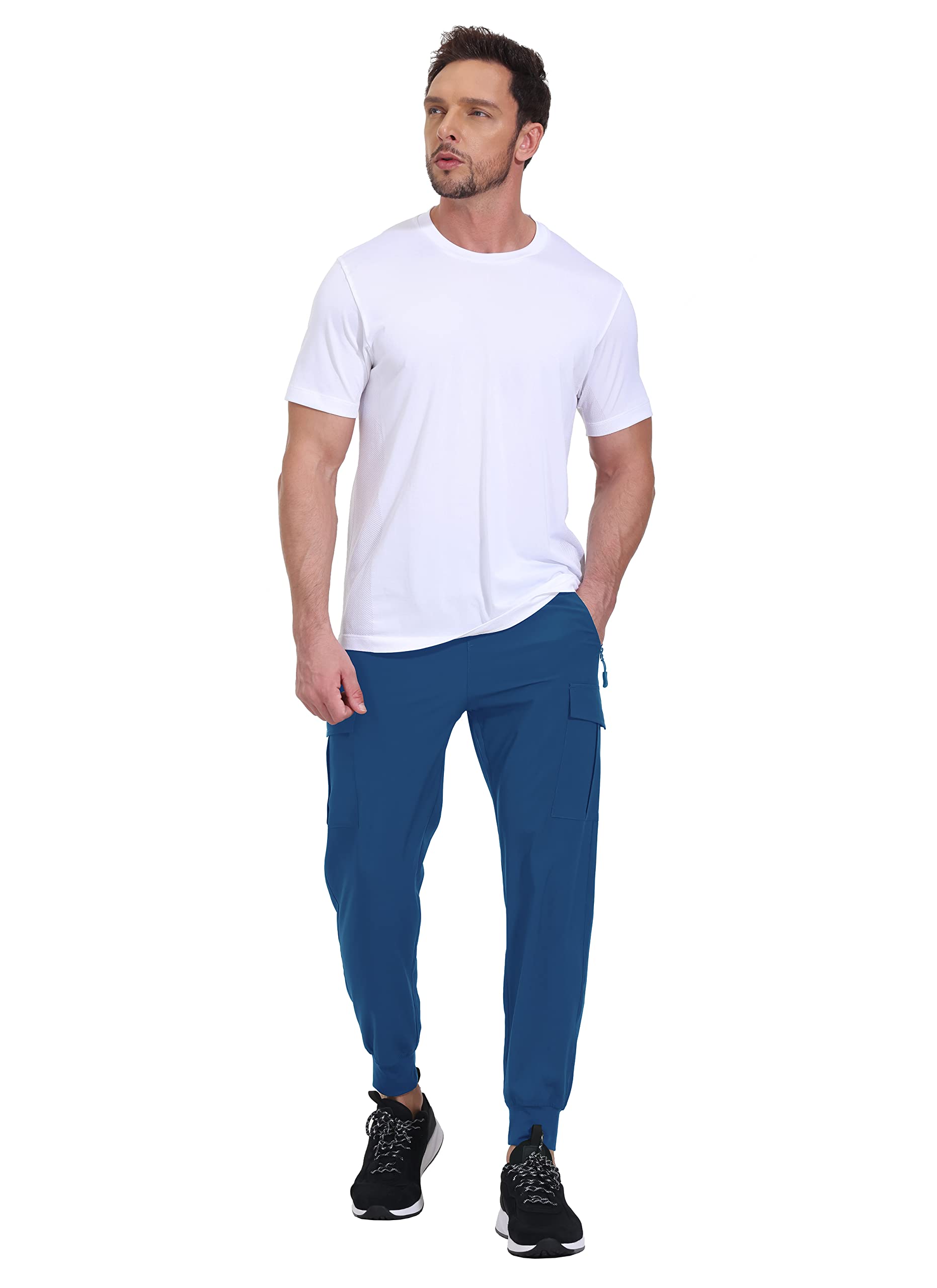 POLIVA Joggers for Men Lightweight Hiking Pants Quick Dry Cargo Travel Golf Casual Track Athletic Pants with Pockets Blue L