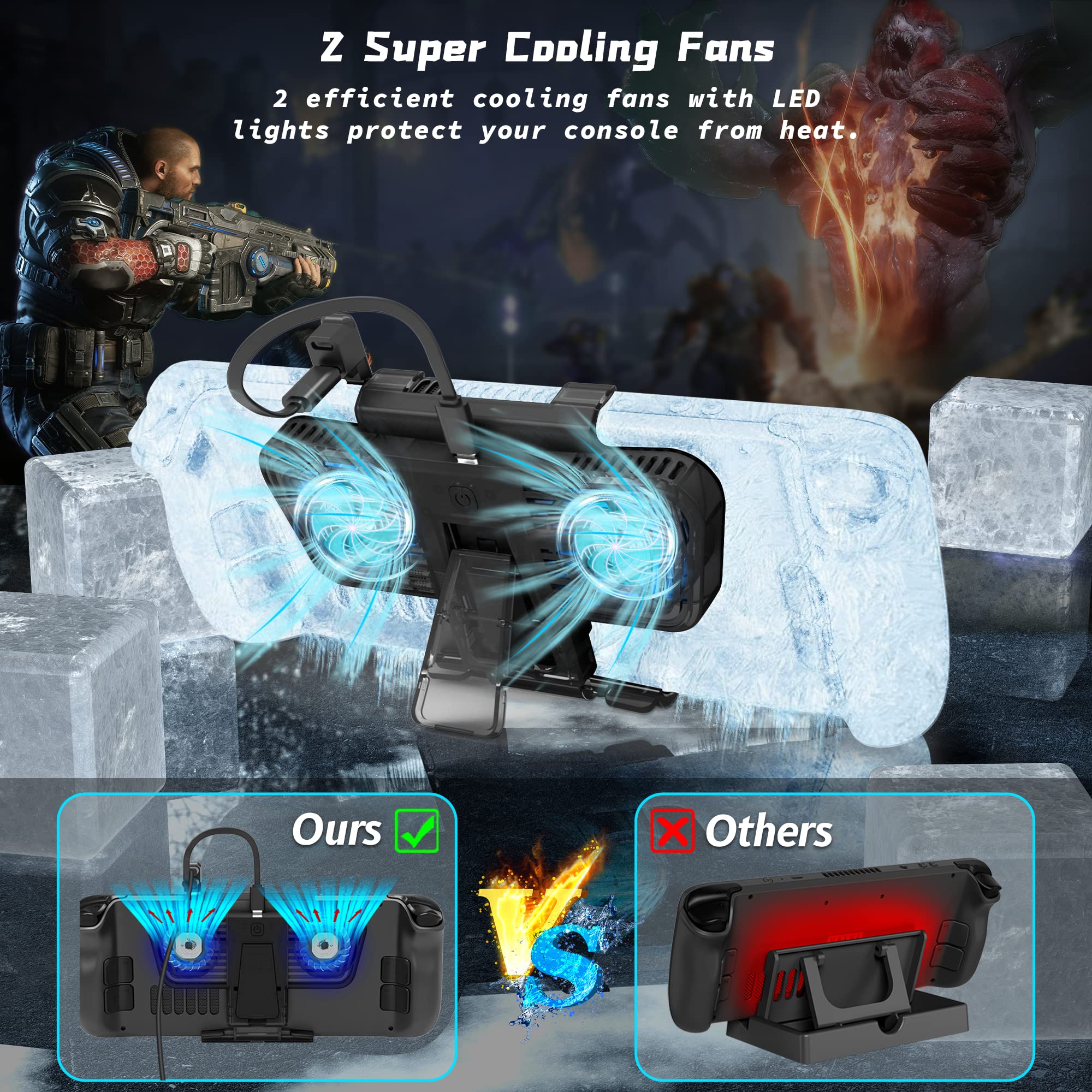 RTTACRTT 3 in 1 Cooling Fan with Kickstand for Steam Deck,Compatible with Steam Deck/NSW/NSW OLED Mode,3 Diverse Wind Modes and Dual Cooling Fans Adjustable Speed Efficient Cooling System