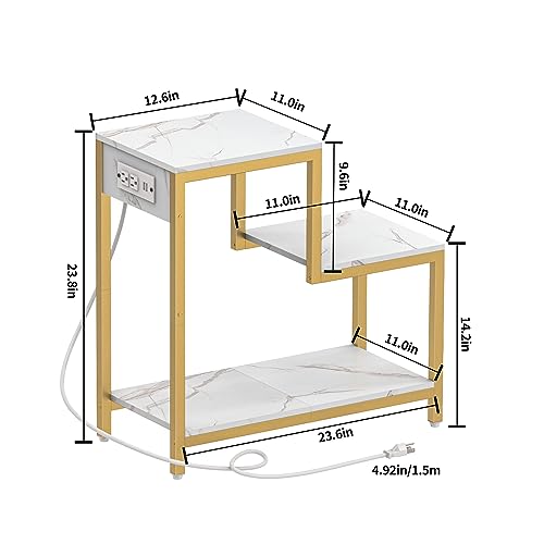 Snughome End Table with Charging Station, Narrow Side Table, 3 Tier Modern Nightstand with USB Ports and Outlet, Sofa Beside Table for Living Room, Bedroom,White and Gold