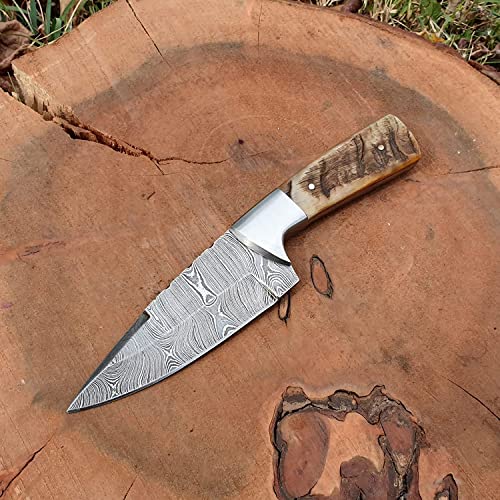 Knife4U Damascus Hunting Knife With Sheath|8"Best Camping,Hiking,Tactical,Survival Knife For Men|EDC Bushcraft Accessories Tool|Sharp Blade With Natural Handle And Knife Display Box (Rams Horn)