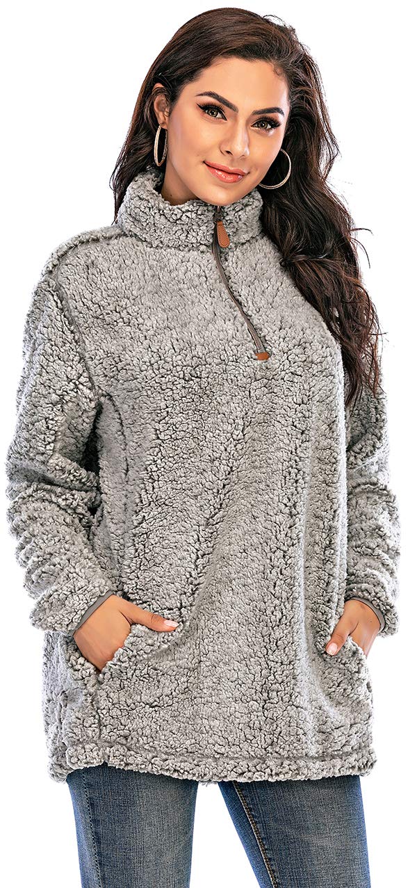 Les umes Women's Zipper Sherpa Pullover Fuzzy Fleece Sweatshirts Jacket Winter Oversized Outwear Coat Gray M