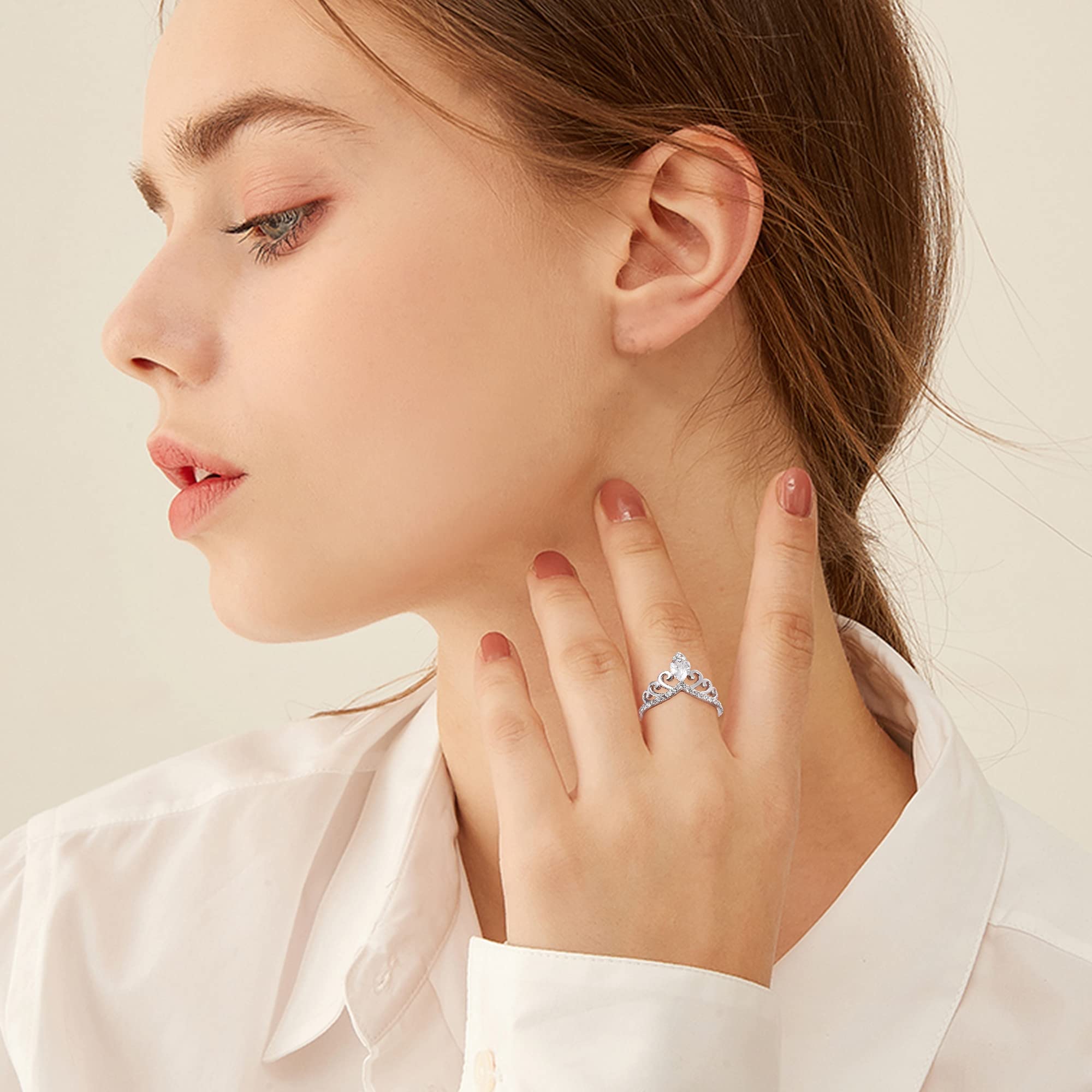MUSECLOUD 925 Sterling Silver Crown Ring for Women Cubic Zirconia Princess Ring CZ Heart Promise Ring for Her Size 9