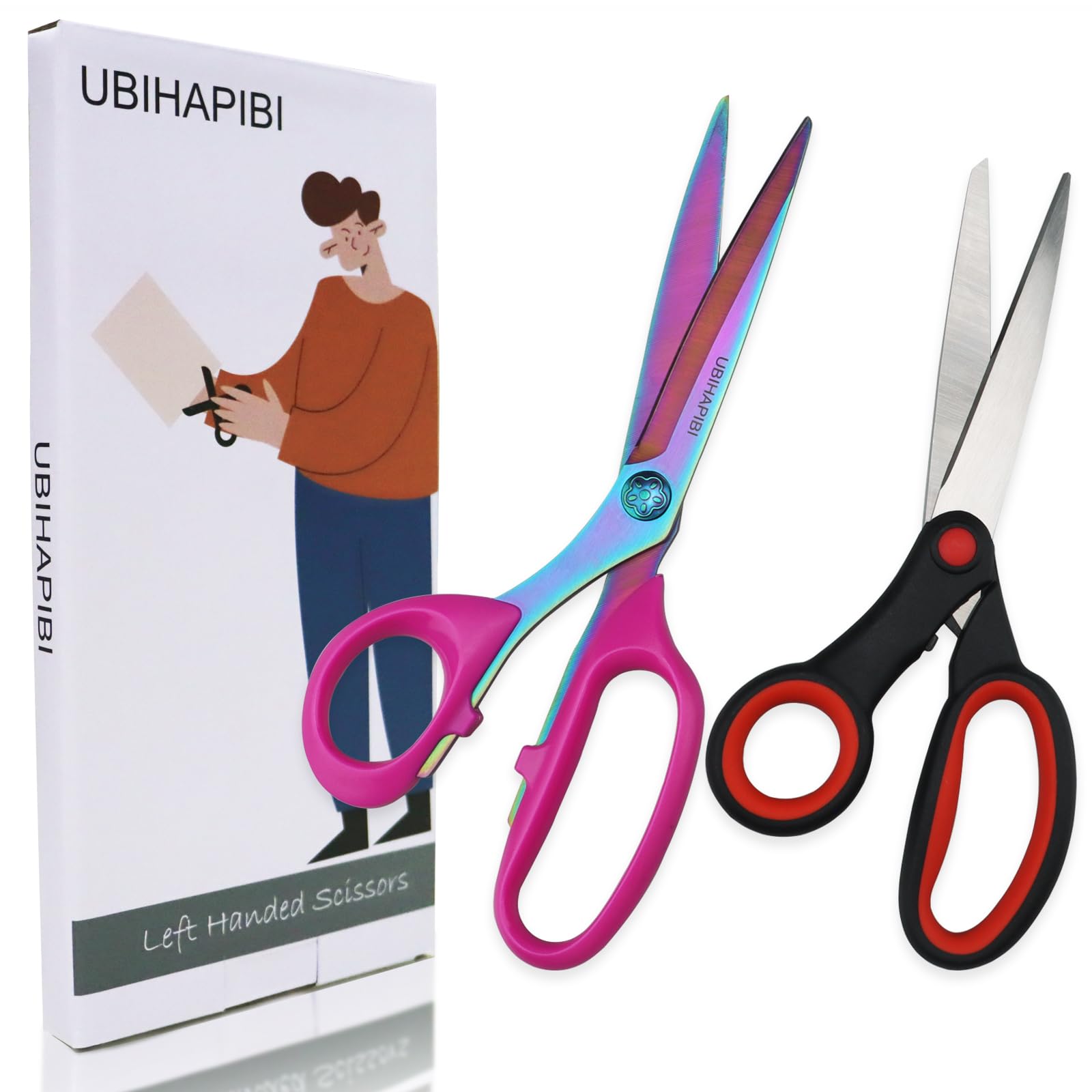 Left Handed Scissors Set - 2-Pack (9" Heavy Duty Titanium Coating Fabric Shears & 8" All Purpose Scissors) for Sewing/Crafting/School/Office Use, Great for Arts/Crafts/Leather/Paper, Left Handed Gifts