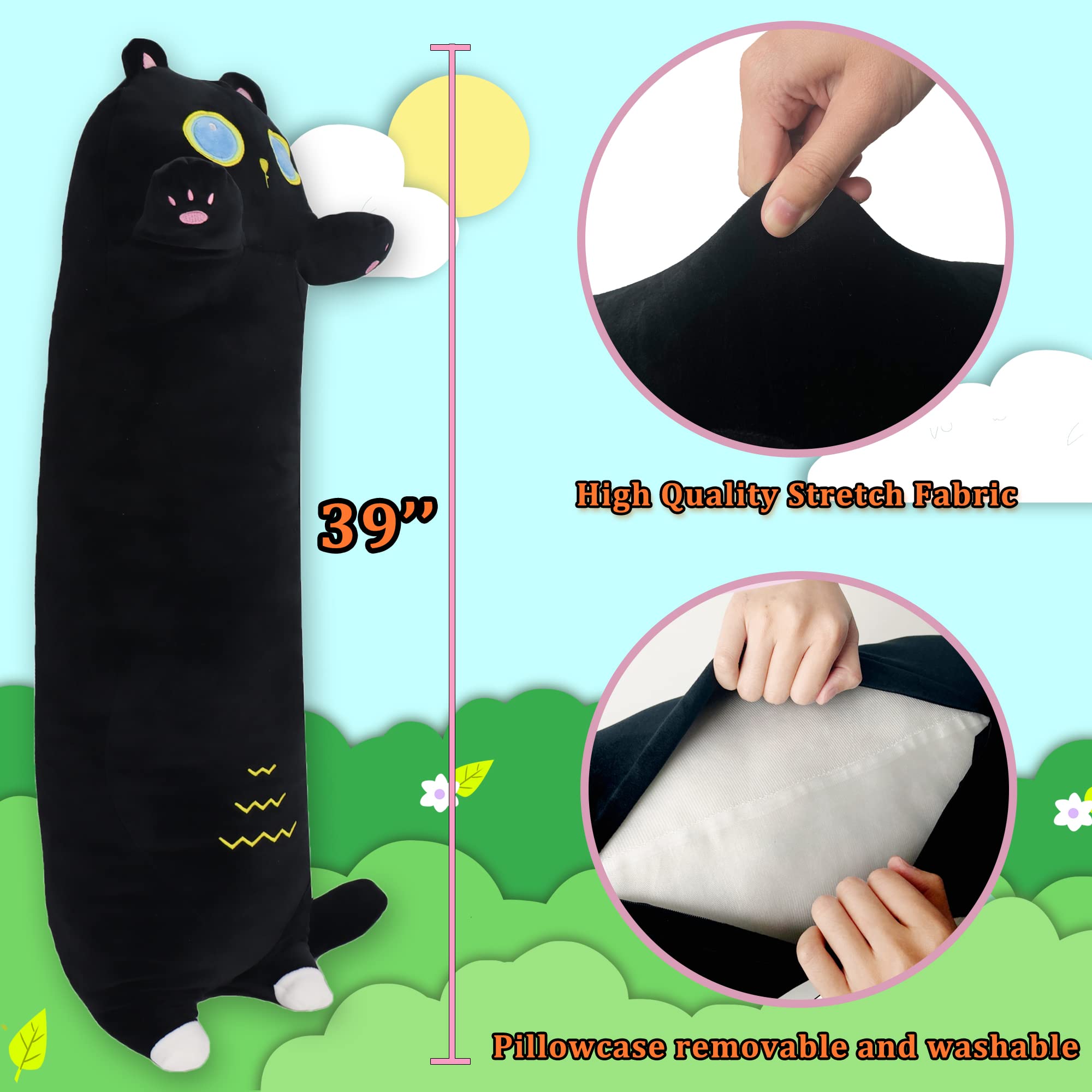 Okedico Cat Plush Long Pillow Black Cat Stuffed Animal Soft Long Sleeping Hugging Throw Pillow Cat Plush Toy Body Pillow Long Kitten Plushie Doll Home Sofa Cushion Decor (Black, 110cm/43inch)