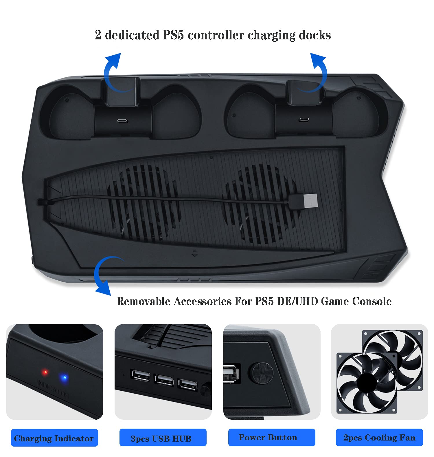 KJH-P5-010-2 PS5 Cooling Fan Station and Dual Controller Charger Station for Playstation 5 PS5 Console, LED Indicator + 16 Game Storage disc Holders, 3 USB Ports