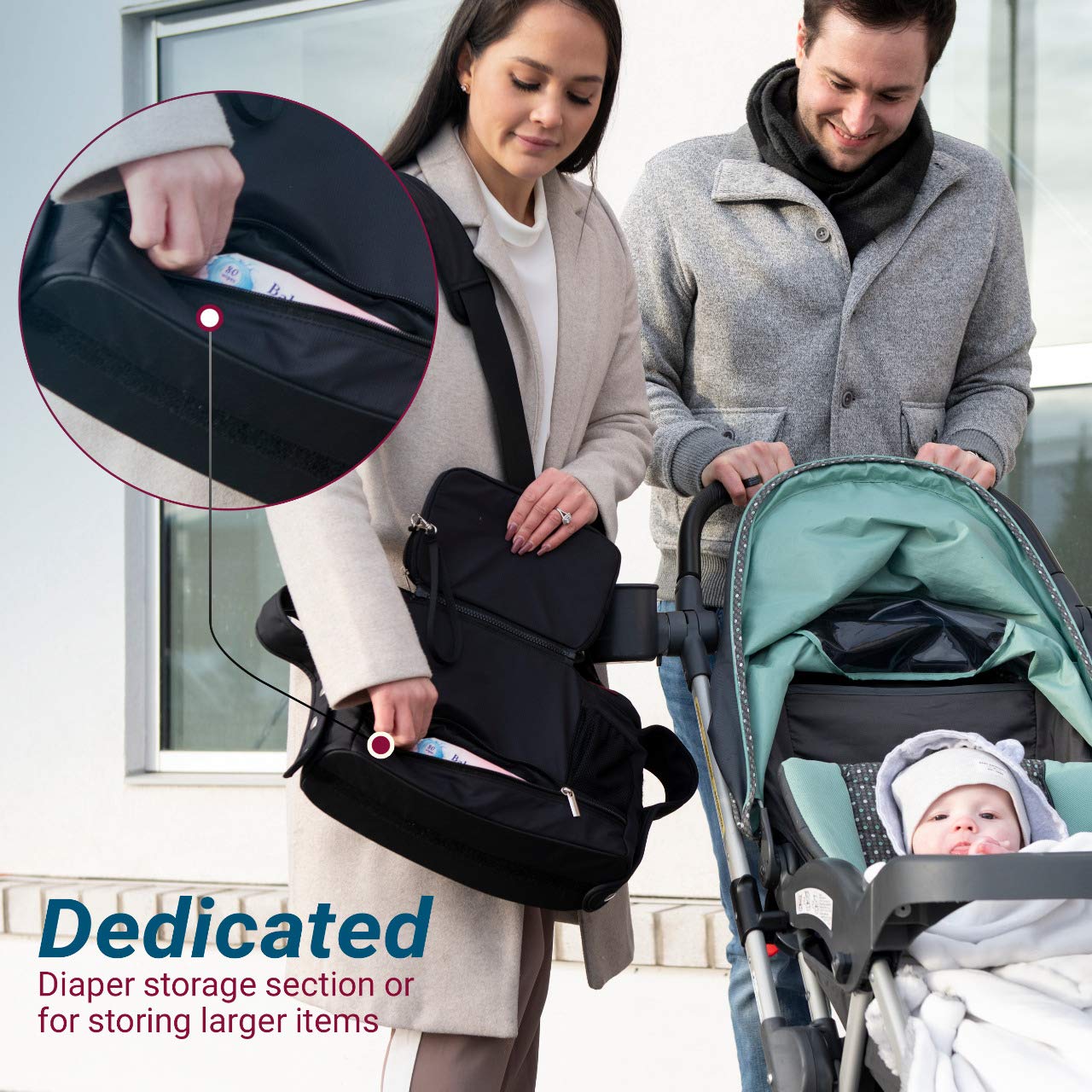Kindroya Universal Stroller Organizer Bag- Extra Storage, Dual Locking Mechanism, Larger Insulated Cup Holders, Non-Slip straps, Detachable Mesh and Pouch, Hidden Pockets and Free Diaper Changing Pad.