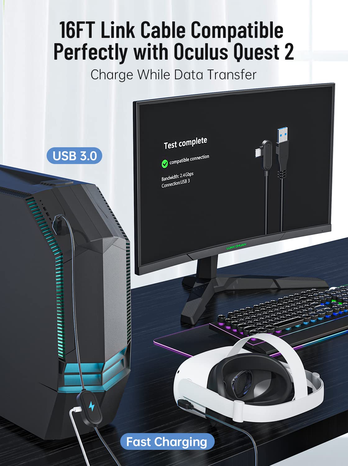 Okaycat Link Cable 16FT Compatible with Oculus/Meta Quest 2/PICO 4 Accessories, VR Headset Cable for Quest Pro and PC/Steam VR, USB-C to USB-A 3.0 Cable High-Speed Data Transfer and Charging