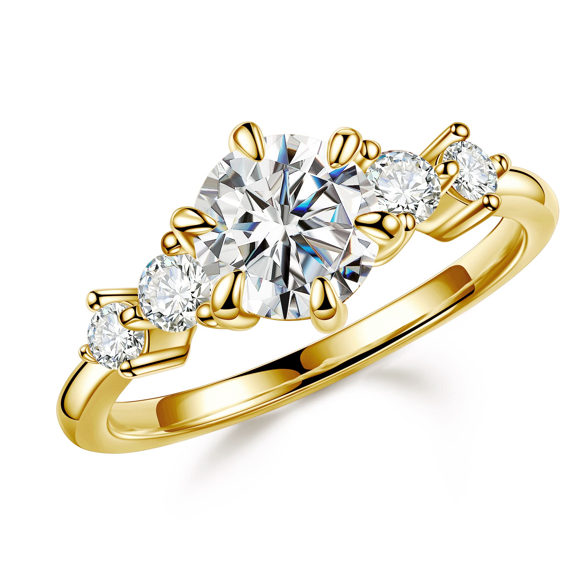 MOOSEA Round 5 Stone Moissanite Anniversary Rings for Women, 1.2CT D Color VVS1 Clarity Lab Created Moissanite Ring 14K Yellow Gold Vermeil Moissanite Engagement Rings for Women Promise Rings