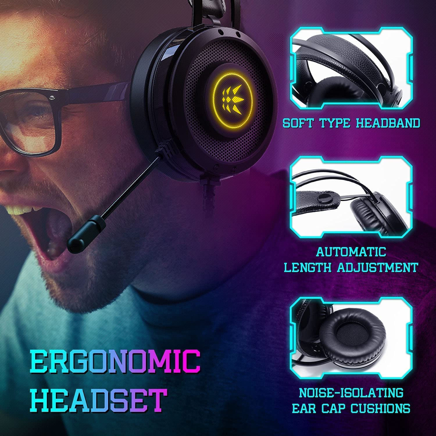 MANIC PC Gaming Headset HS-301 Wired RGB Effect Gaming Headphone with Microphone - Virtual 7.1 CH Surround Sound with Microphone, USB Type for Laptop & PC,Compatible with Windows 7910, BLACK