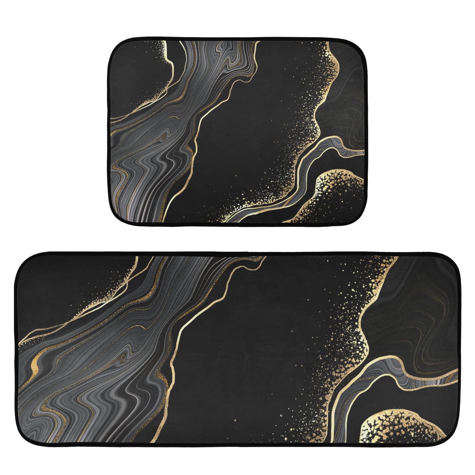 Kitchen Mats Rugs 2 Piece Set Bath Mat Antifatigue Cushioned Gold Black Marble for Floor Non Slip Washable (color4)