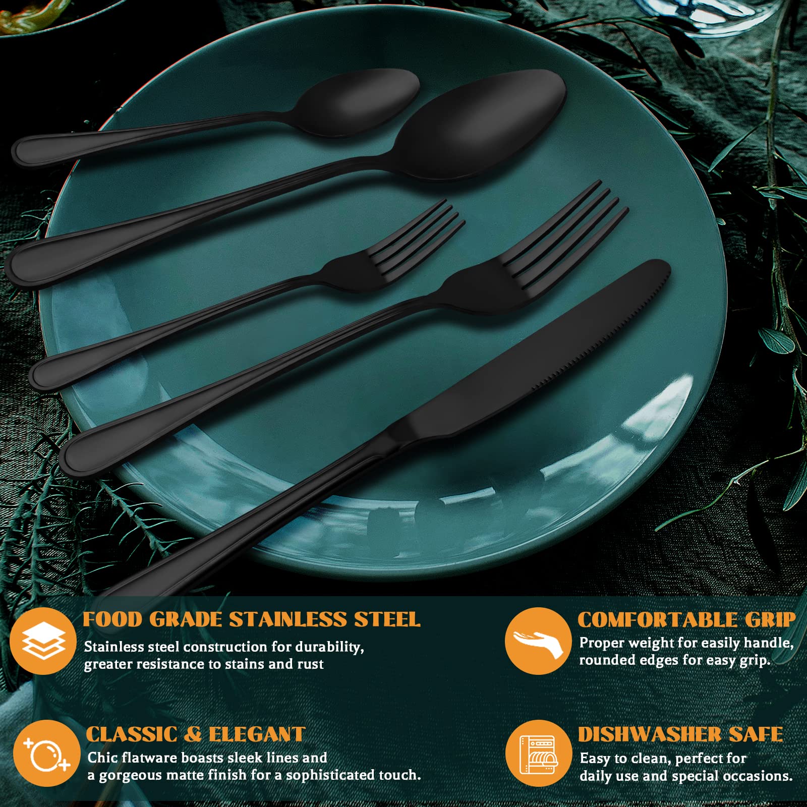KONIGEEHRE 60 PCS Matte Black Silverware Set for 12, Stainless Steel Flatware Cutlery Set For Home Restaurant Hotel, Kitchen Utensils Set, Mirror Polished, Dishwasher Safe