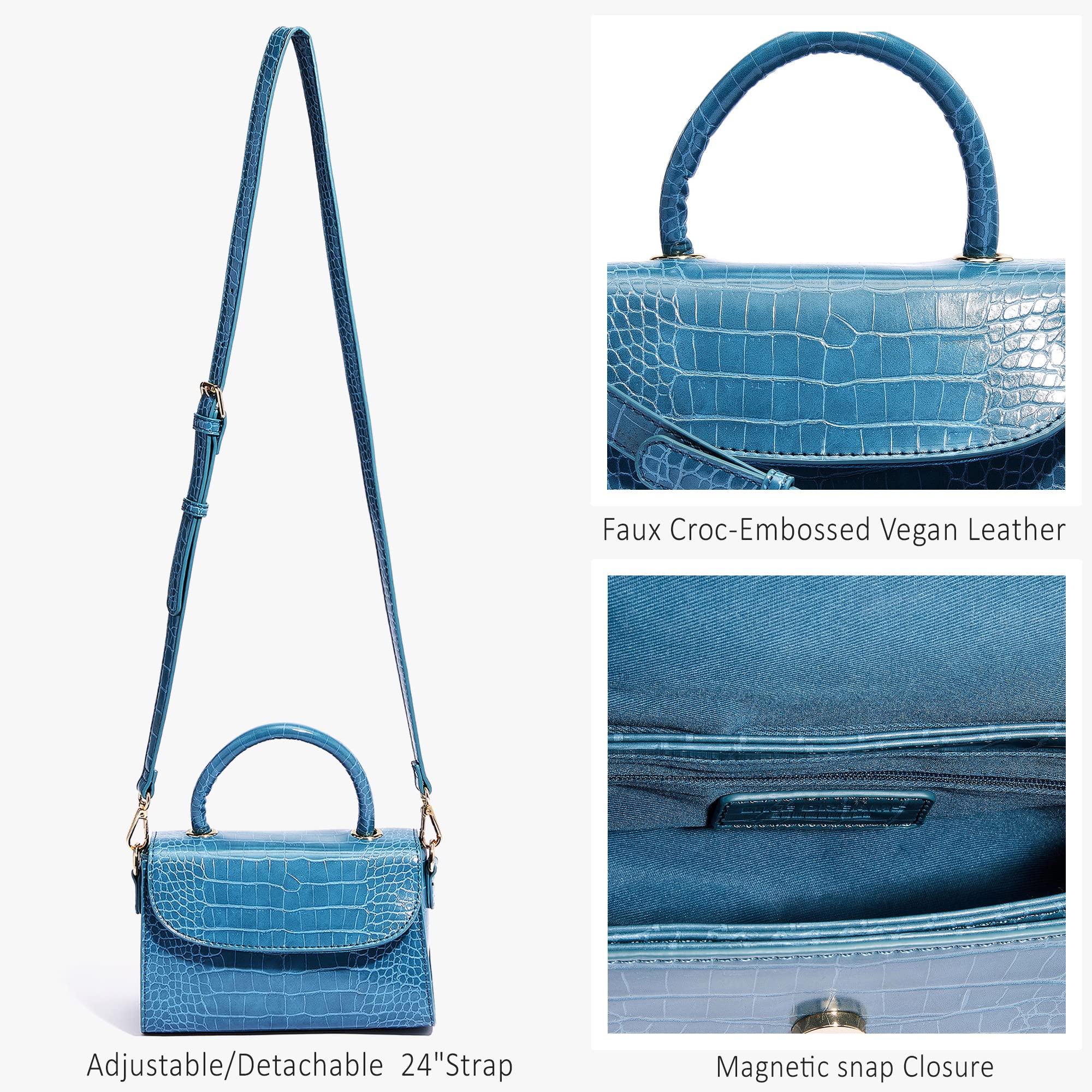 Like Dreams Women's Small Fashion Faux Embossed Vegan Leather Top Handle Satchel Handbag (Teal)