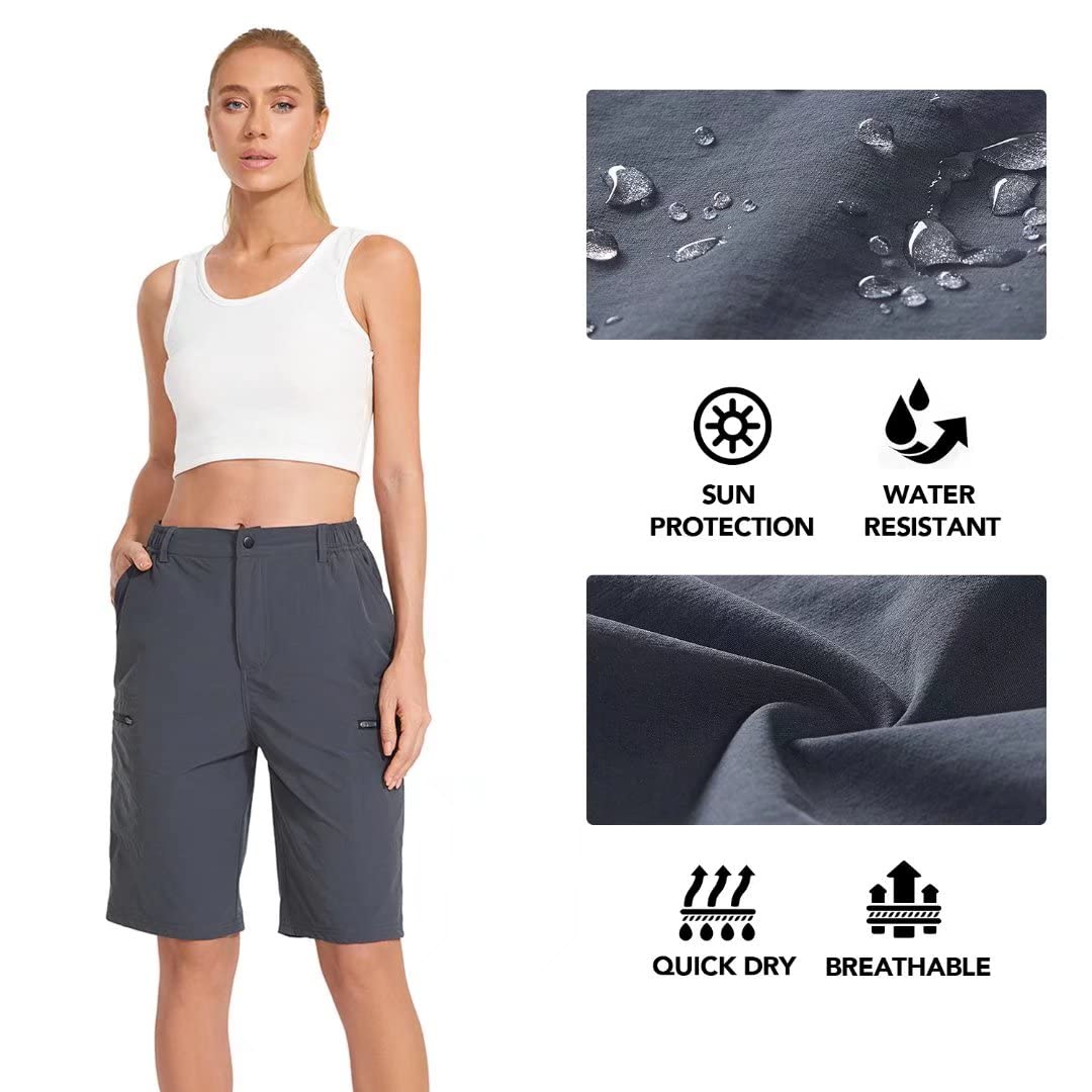 MONSTER VALLEY Women's Hiking Cargo Shorts 10" Lightweight Quick Dry Summer Bermuda Golf Shorts Outdoor Travel Water Resistant, Grey, Large