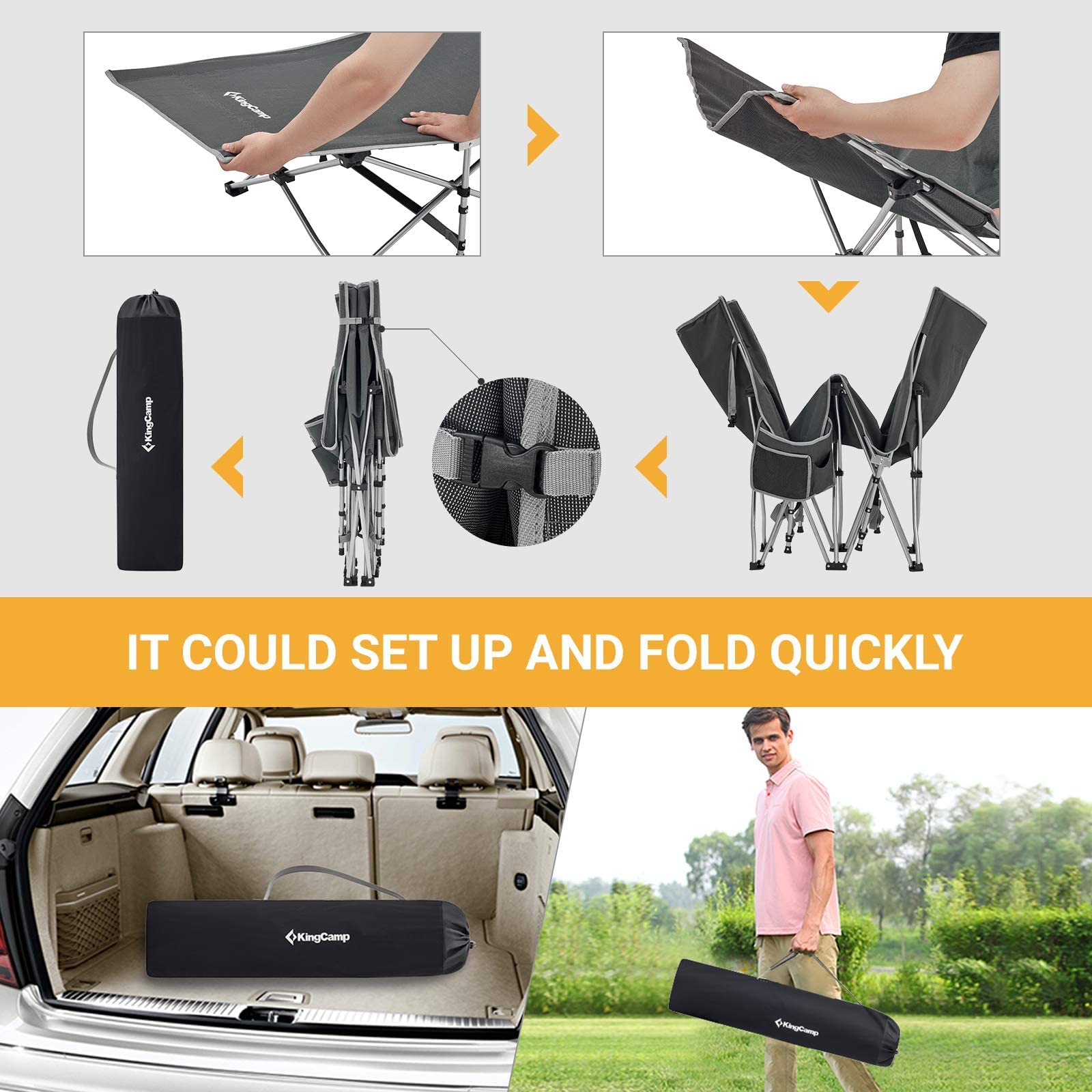 KingCamp Folding Camping Cot Lightweight Sleeping Cot Portable with Carry Bag Double Layer 1000D Sturdy Cot Heavy Duty Camping Bed for Adults Outdoor Travel, Hiking, Office Support 265lbs Gray