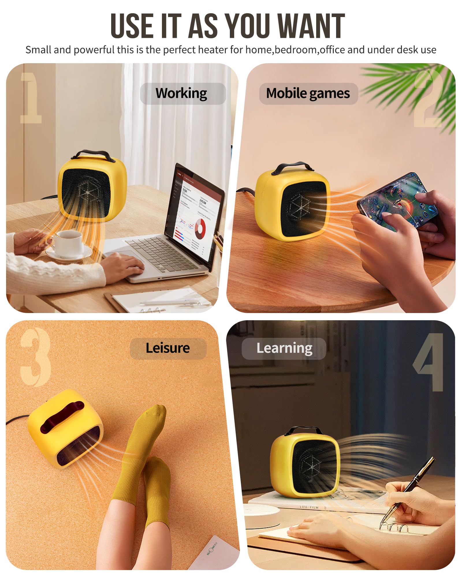 PTC Ceramic Desktop Space Heater Indoor, Silence Electric Fan Heater, Mini Space Heater 500W High Output Mini Heater for Indoor Home (Yellow)