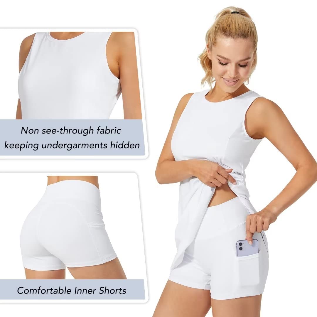 MONSTER VALLEY Women Exercise Workout Dresses Athletic Dress Sleeveless Built-in with Shorts Pockets Golf Tennis Dresses, White, Large