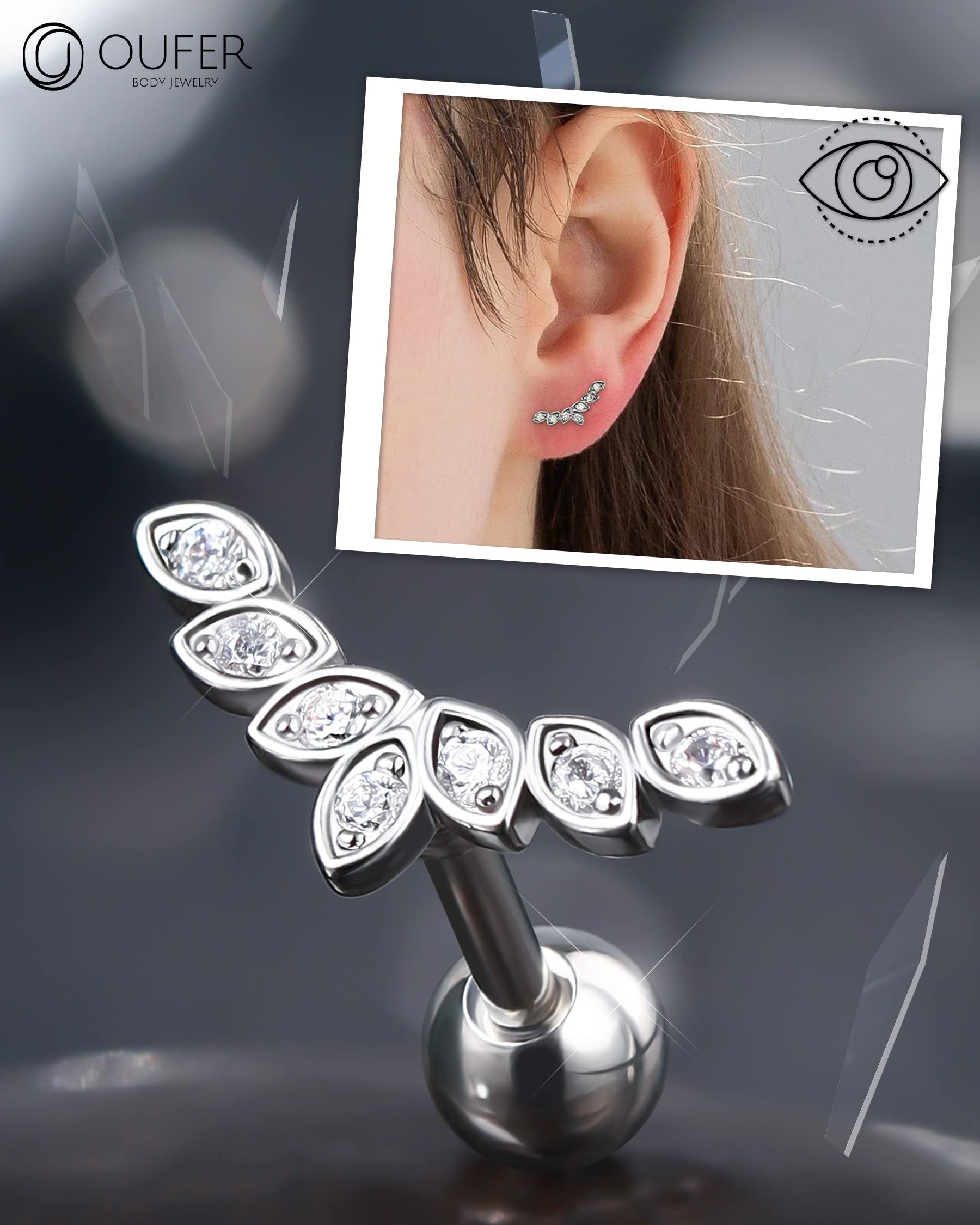 OUFER Cartilage Earring Stud, 316L Surgical Steel Helix Earrings, Shiny Clear CZ Tragus Piercing Jewelry, Forward Helix Conch Daith Piercing Jewelry