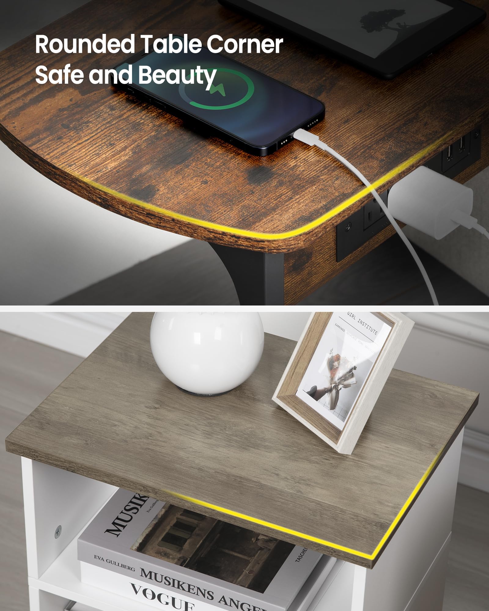 Hzuaneri C Shaped End Table with Charging Station, Bed Side Table with USB Port & Outlet, Couch Table, C Snack Table for Living Room, Bedroom, Rustic Brown and Black ET05101B